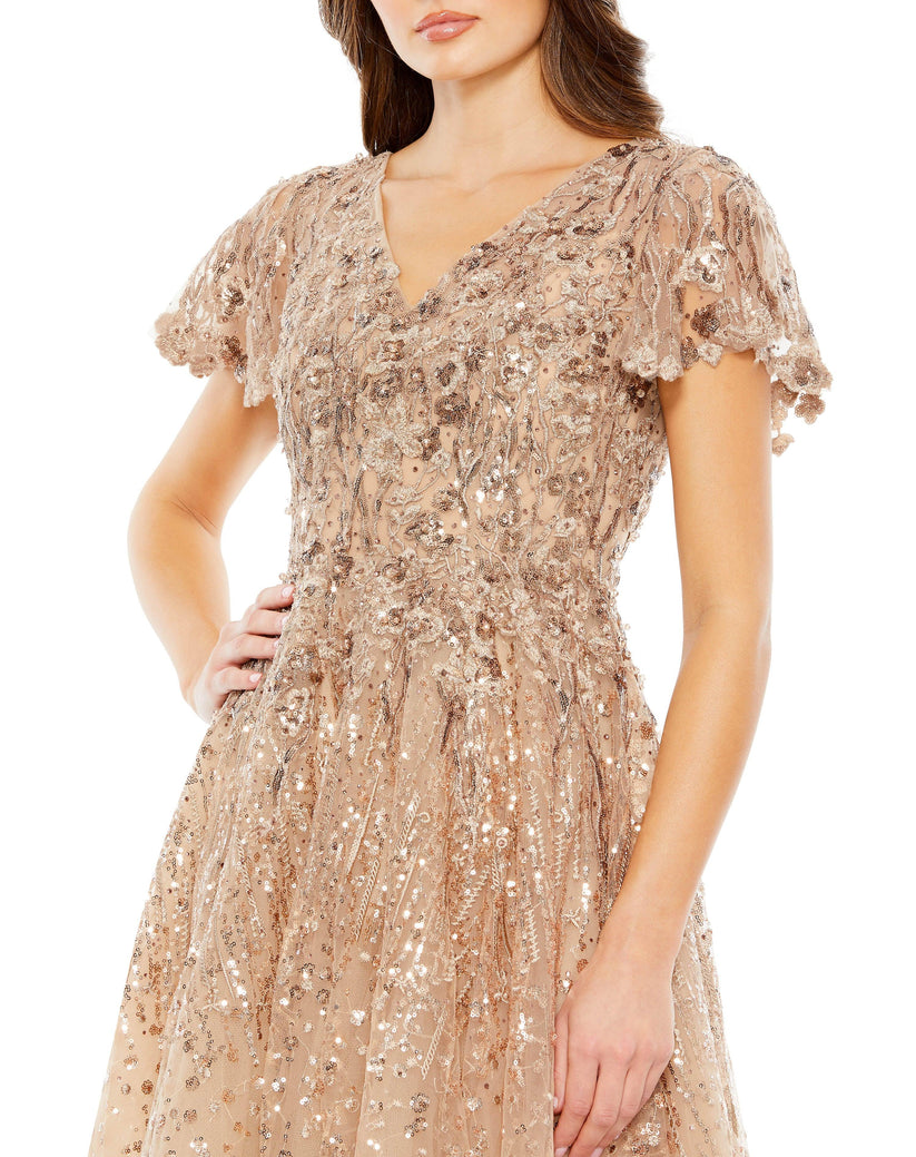 Taupe Mac Duggal 20392 Short Sleeve Tea Length Formal Dress for $698.0 ...