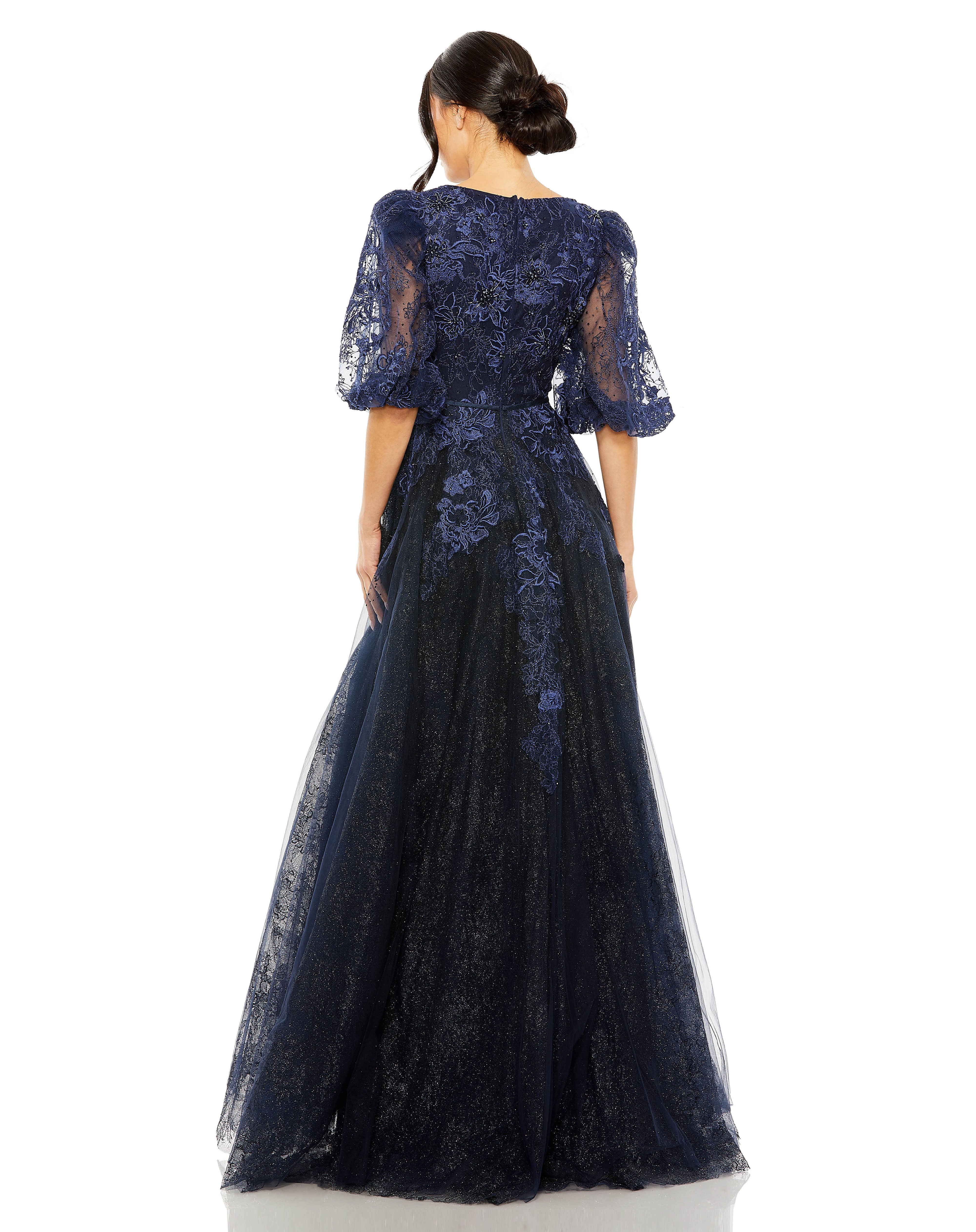 Midnight Mac Duggal 20506 Long Formal A Line Puff Sleeve Evening Dress ...