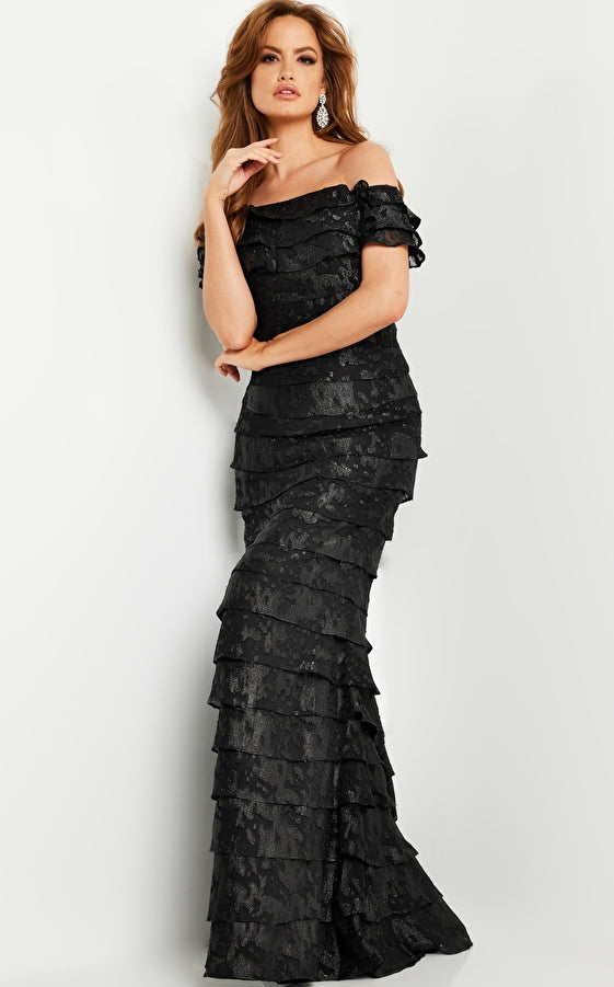 Black Jovani 23890 Off Shoulder Layered Long Formal Dress for $900.0 ...