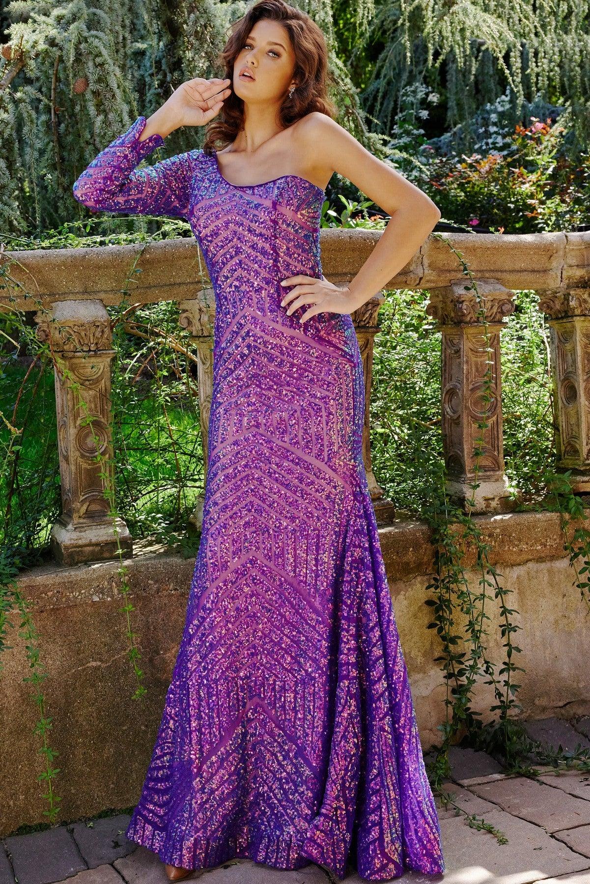 Iridescent Violet Jovani 24098 Long One Shoulder Mermaid Prom Gown for $672.0 – The Dress Outlet