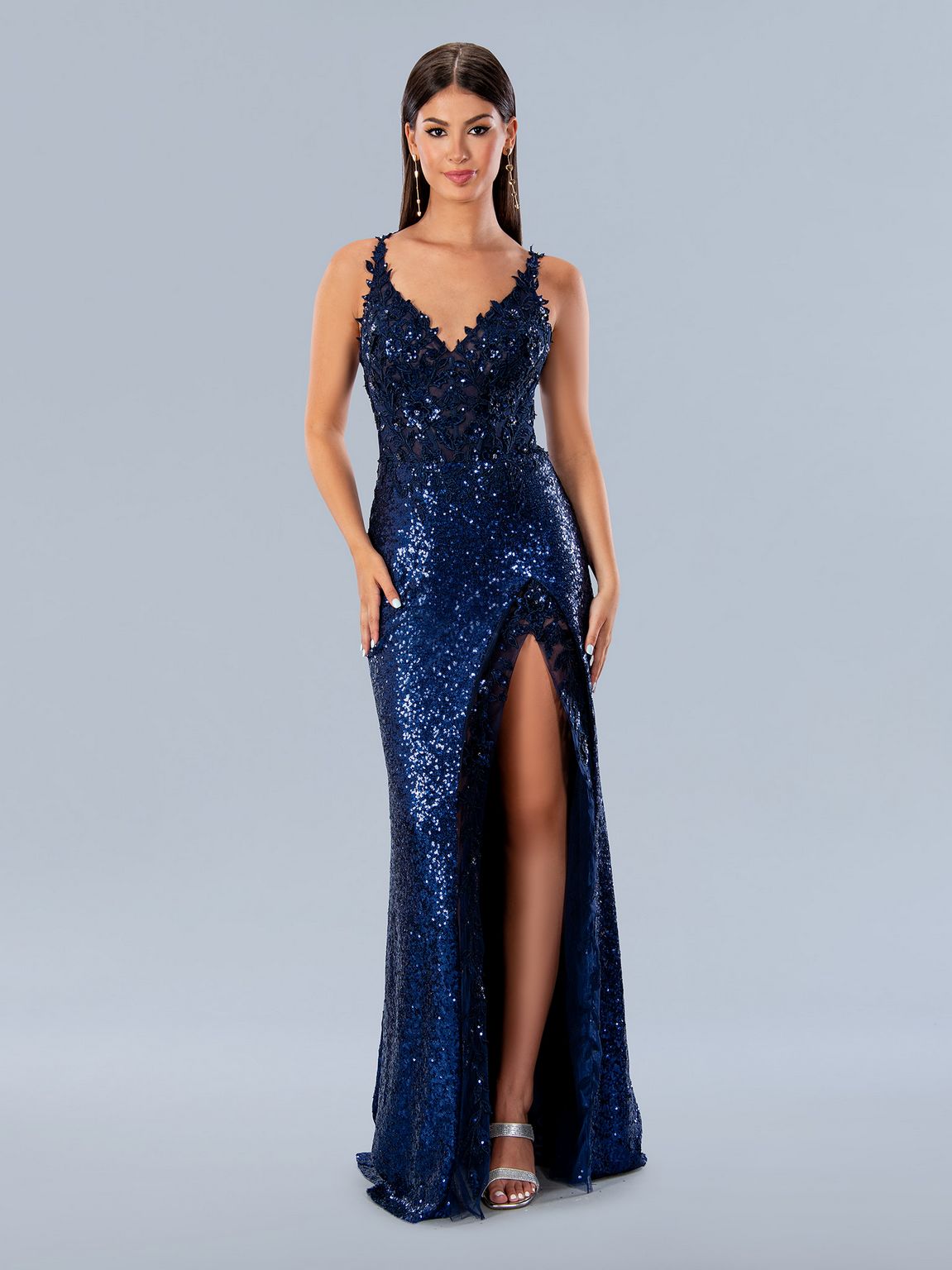 Navy Stella Couture 24200 Floral Applique Formal Long Sequin Prom Dress ...