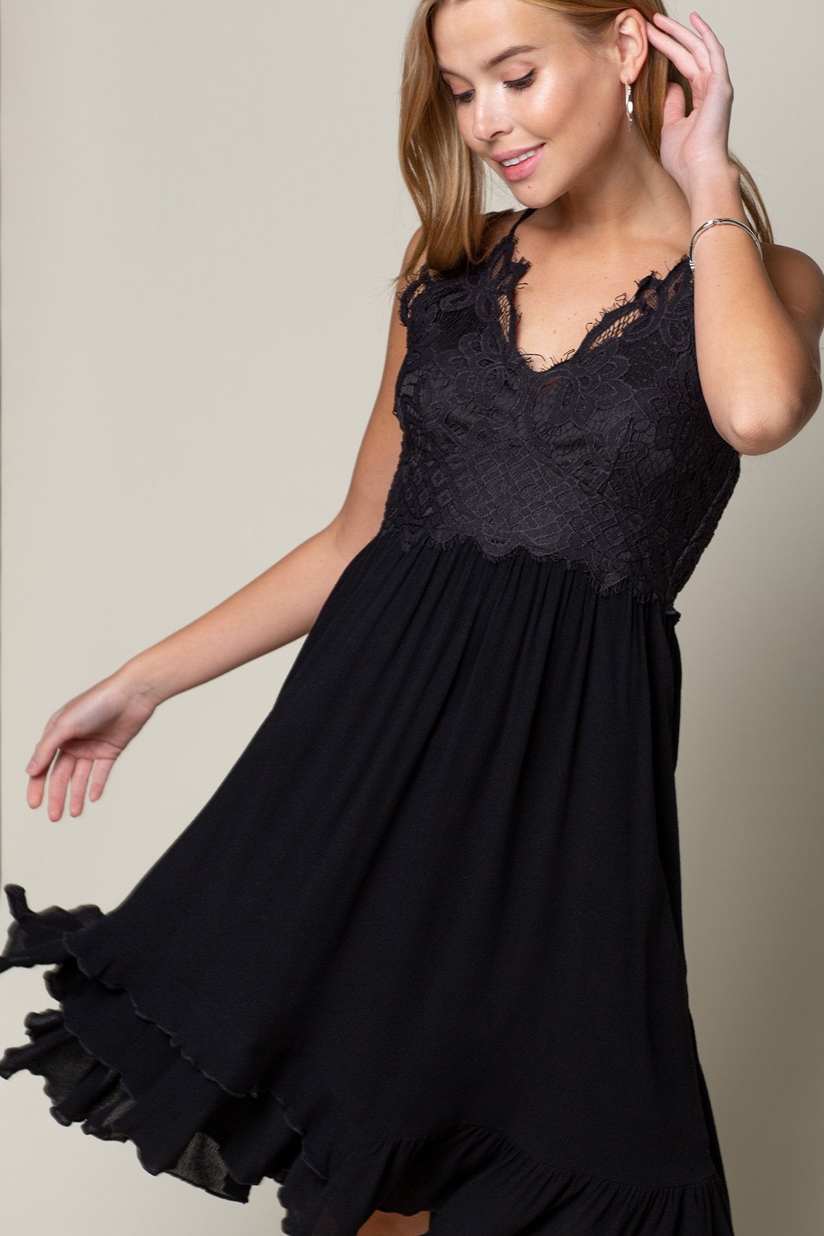 Black Short Crochet Front Merrow Edge Dress for $49.99 – The Dress Outlet