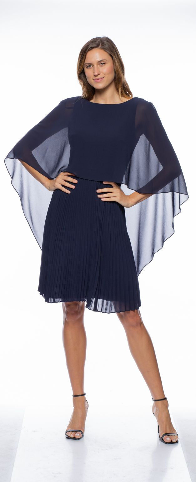 Black Marina Chiffon Capelet Pleated Short Dress for $169.99 – The ...
