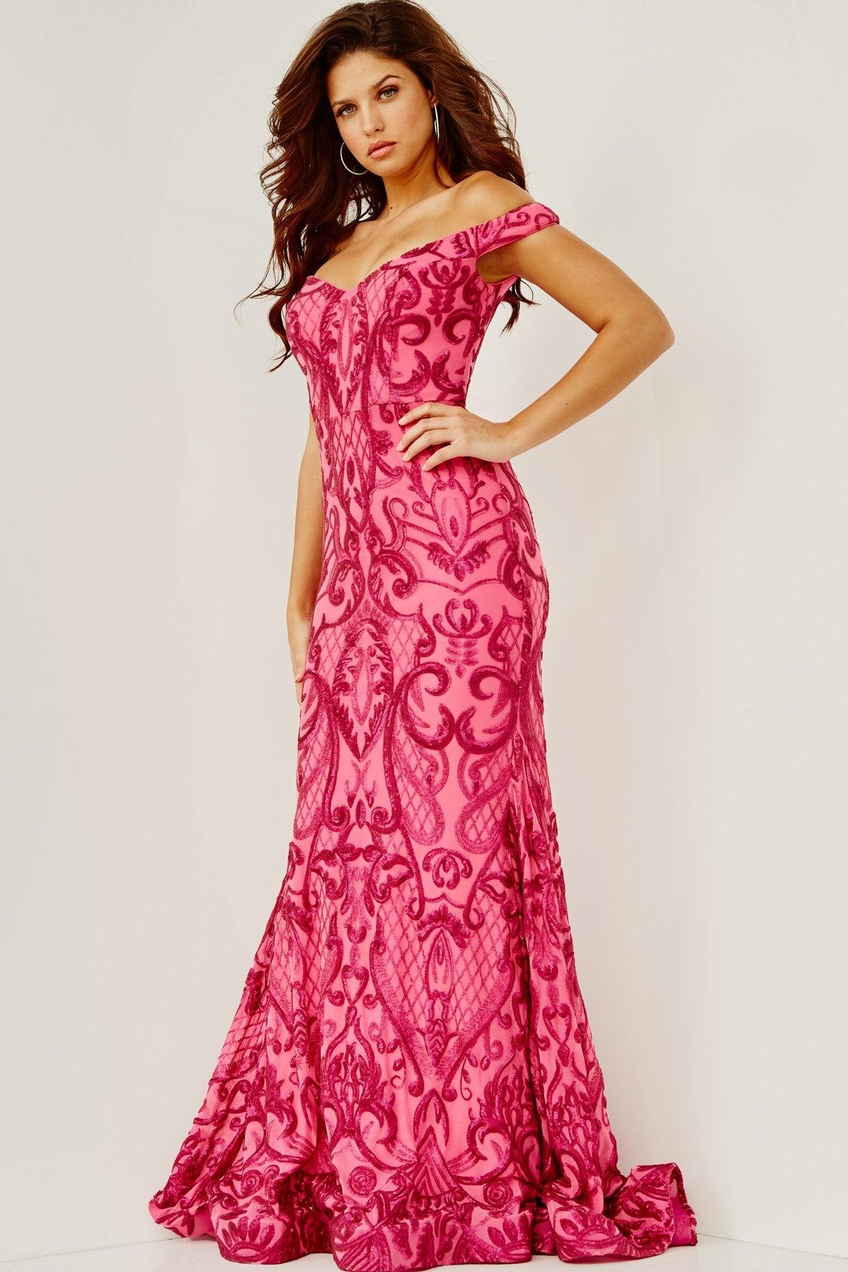 Fuchsia Jovani 08647 Long Off Shoulder Fitted Prom Dress for $425.99 ...