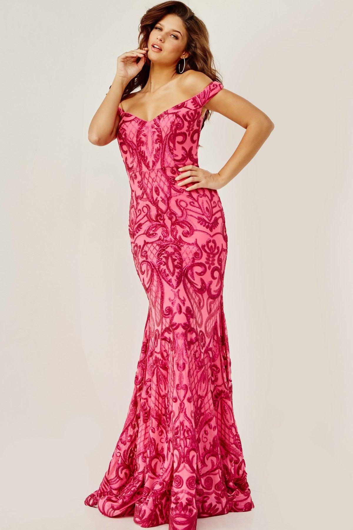 Fuchsia Jovani 08647 Long Off Shoulder Fitted Prom Dress for $425.99 – The Dress Outlet