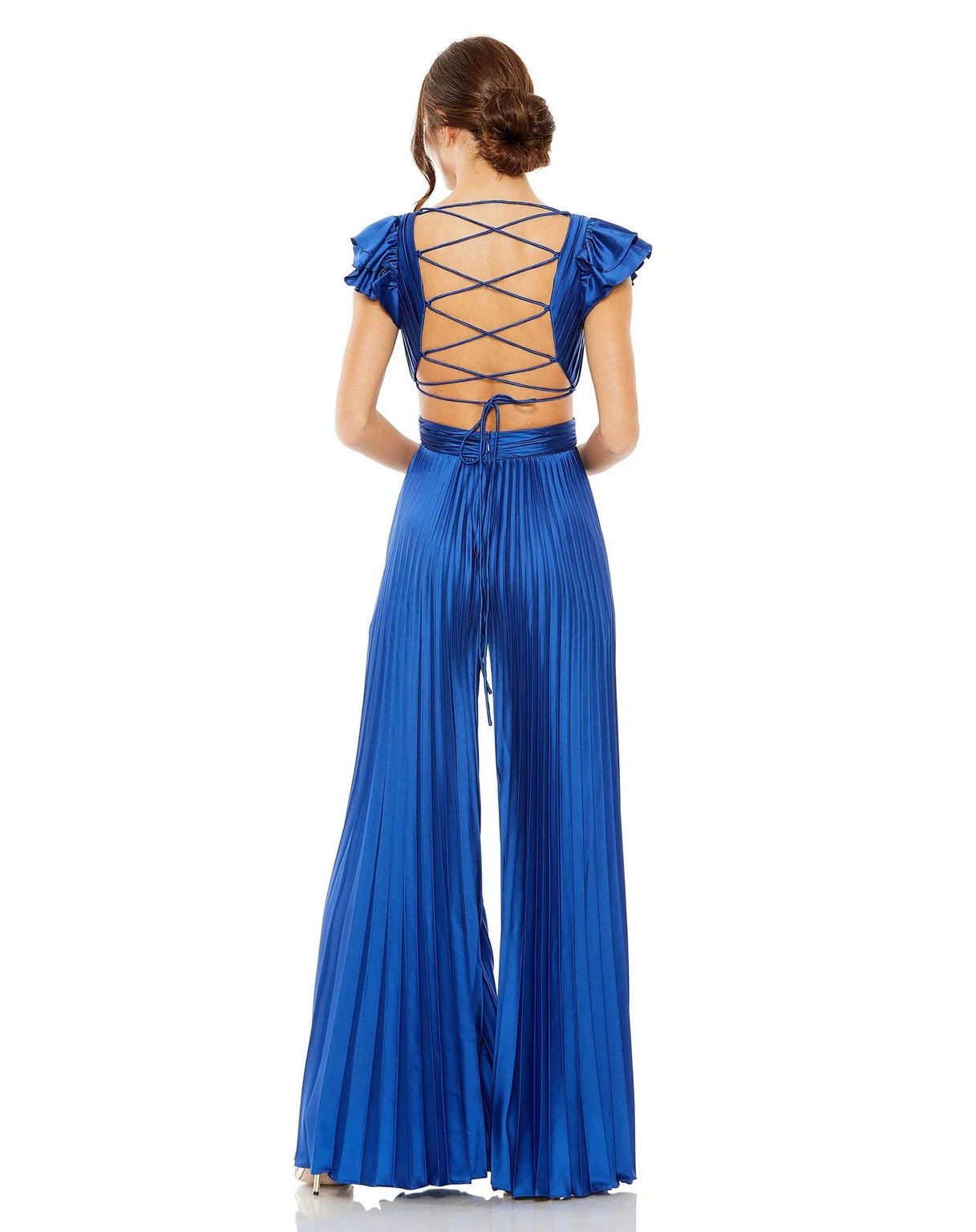Cobalt Mac Duggal 27361 Ruffle Cap Sleeve Cutout Heat Pleated Jumpsuit ...