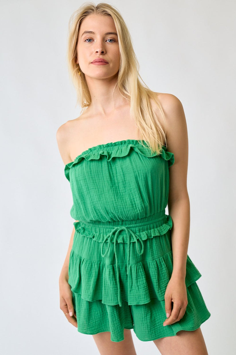 Green Apple Short Strapless Tiered Ruffle Romper for $39.99 – The Dress ...