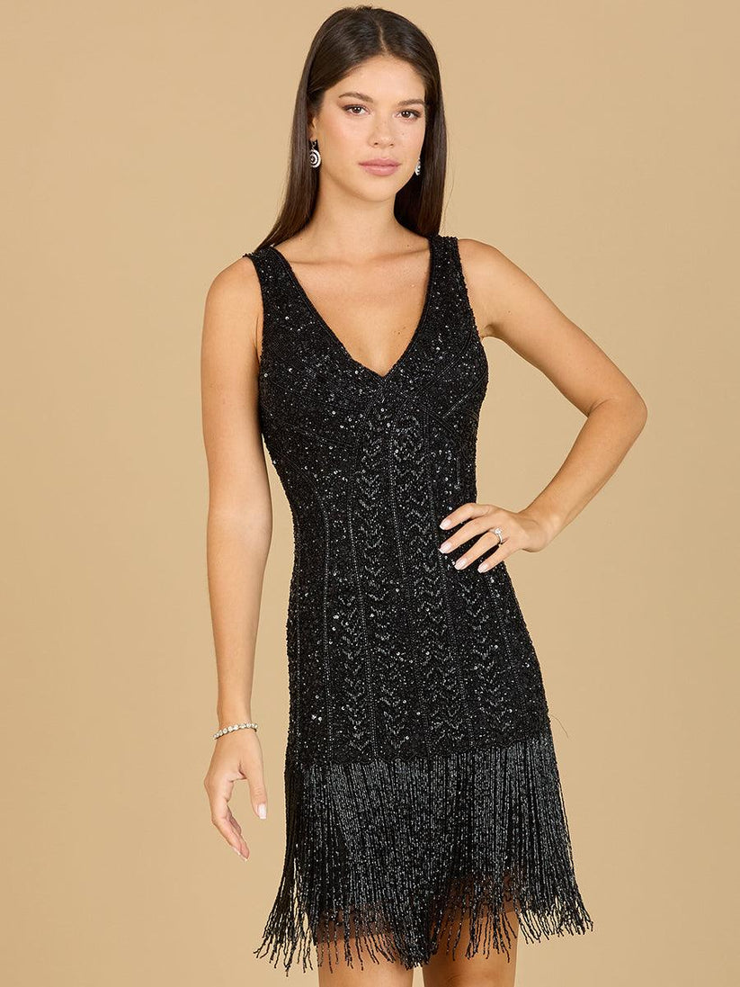 Black Lara Dresses 29361 Sleeveless Fringe Cocktail Dress for $299.99 – The Dress Outlet