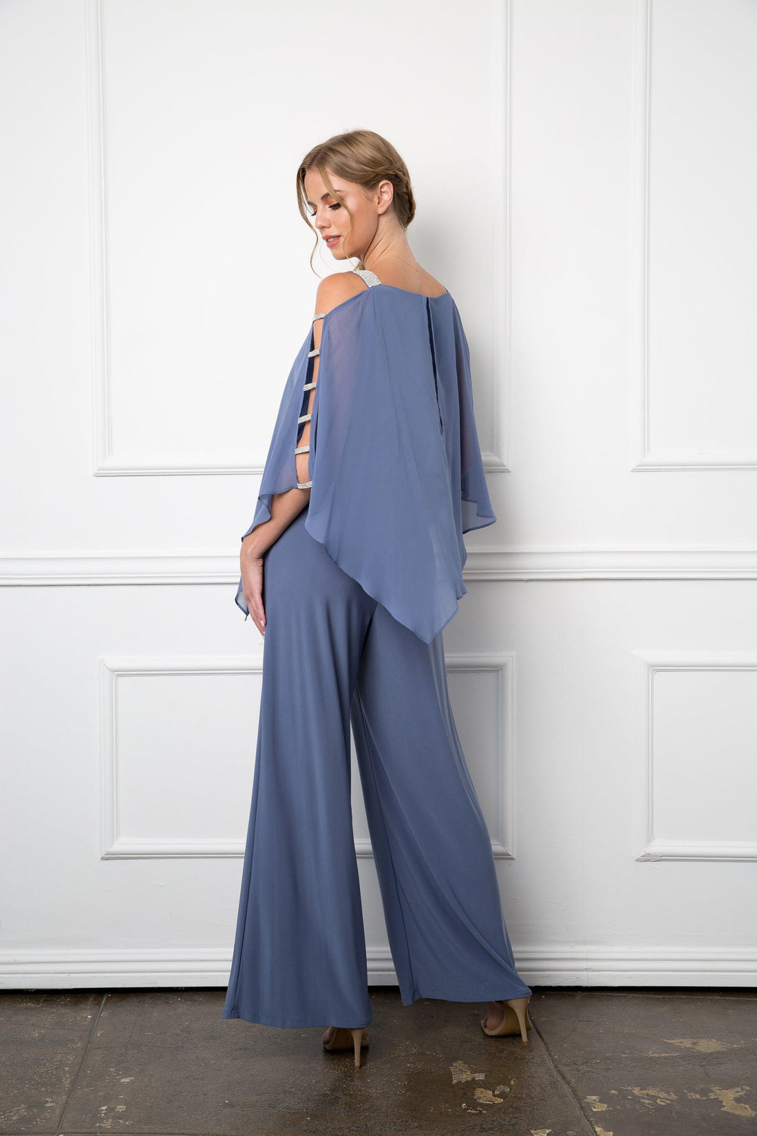 Navy Formal Chiffon Cape Overlay Jumpsuit for $135.99 – The Dress Outlet