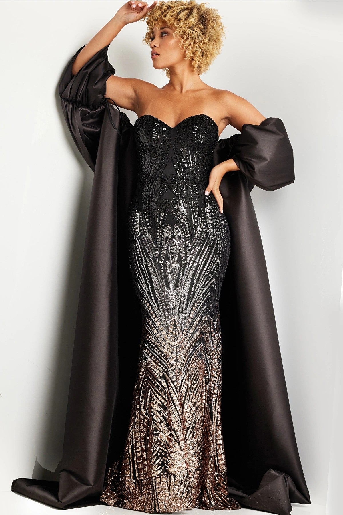 Black/Brown Jovani 38746 Long Formal Evening Cape Prom Dress for $788.0 ...