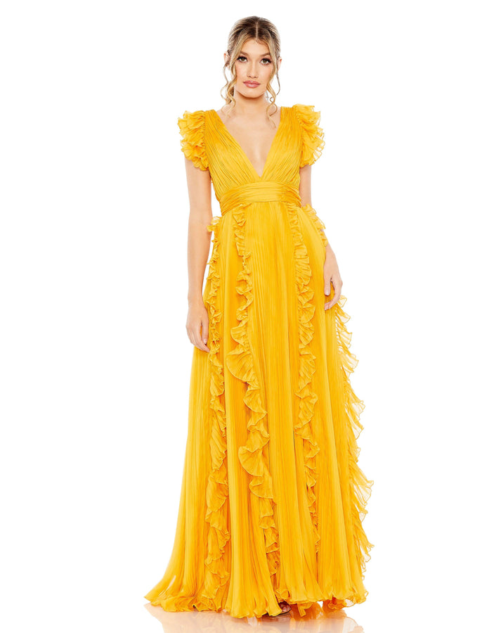 Marigold Mac Duggal 49539 Long Ruffle Cap Sleeve Formal Dress for $299.0 – The Dress Outlet