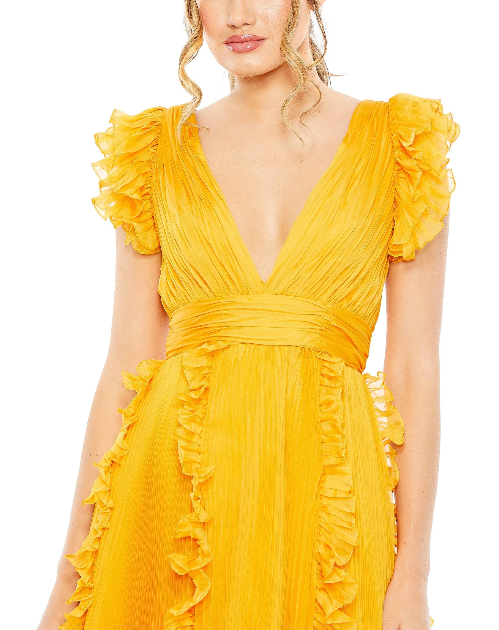 Marigold Mac Duggal 49539 Long Ruffle Cap Sleeve Formal Dress for $598.0 – The Dress Outlet
