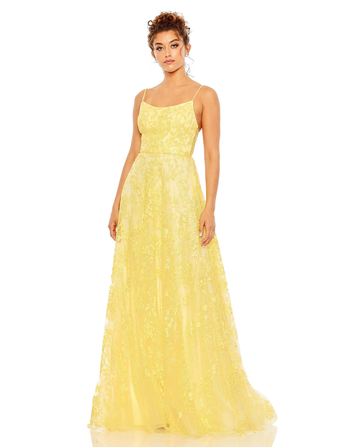 Yellow Mac Duggal 50683 Prom Spaghetti Strap Long Formal Gown for $299. ...