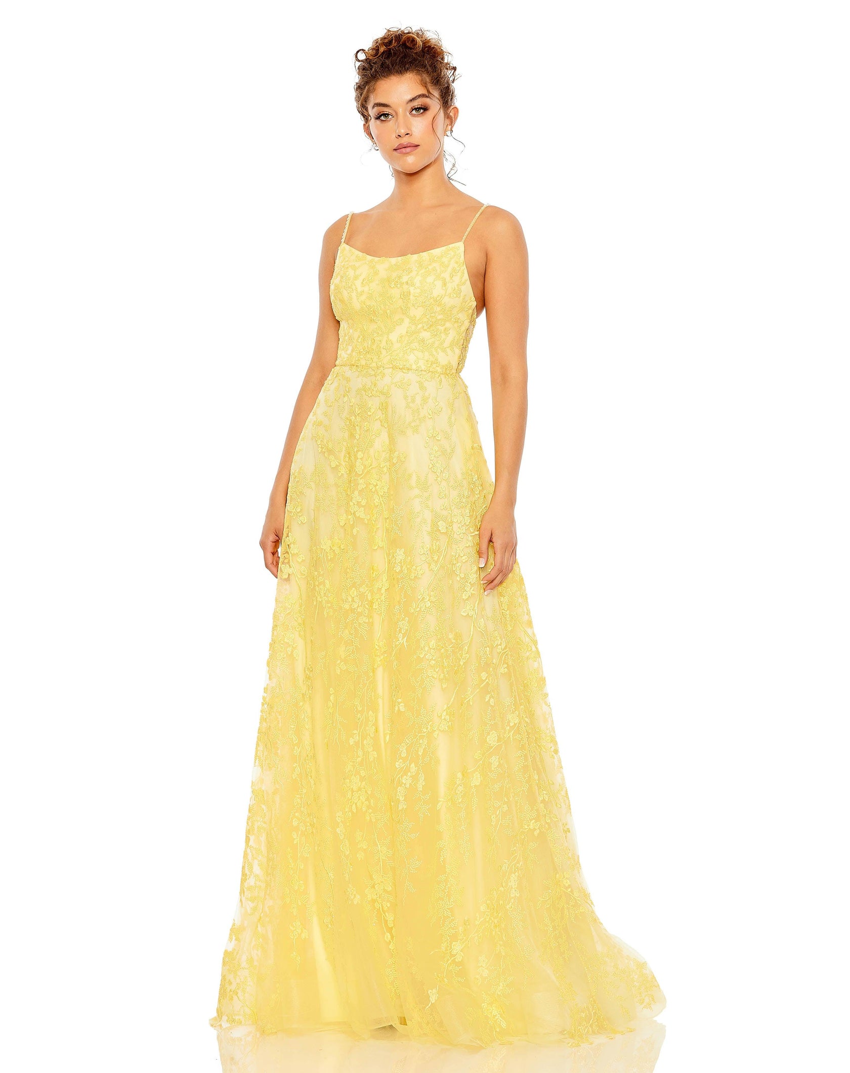 Yellow Mac Duggal 50683 Prom Spaghetti Strap Long Formal Gown for $199. ...