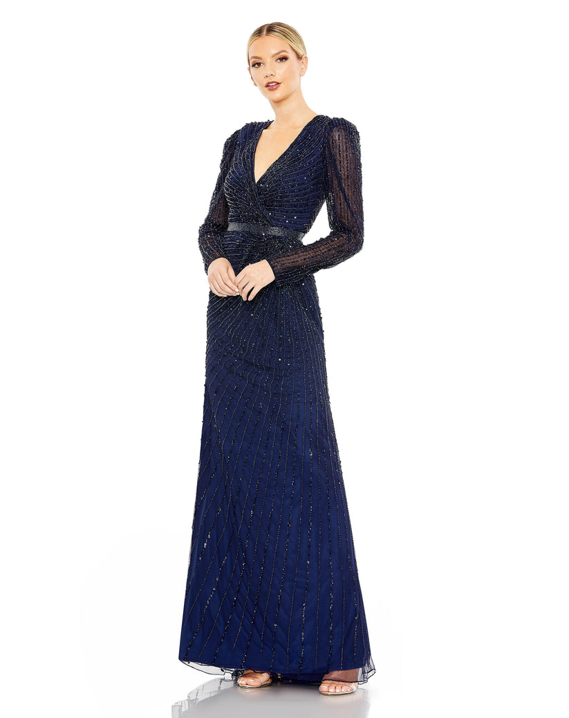 Midnight Mac Duggal 5715 Beaded Long Sleeve Formal Gown for $249.0 ...