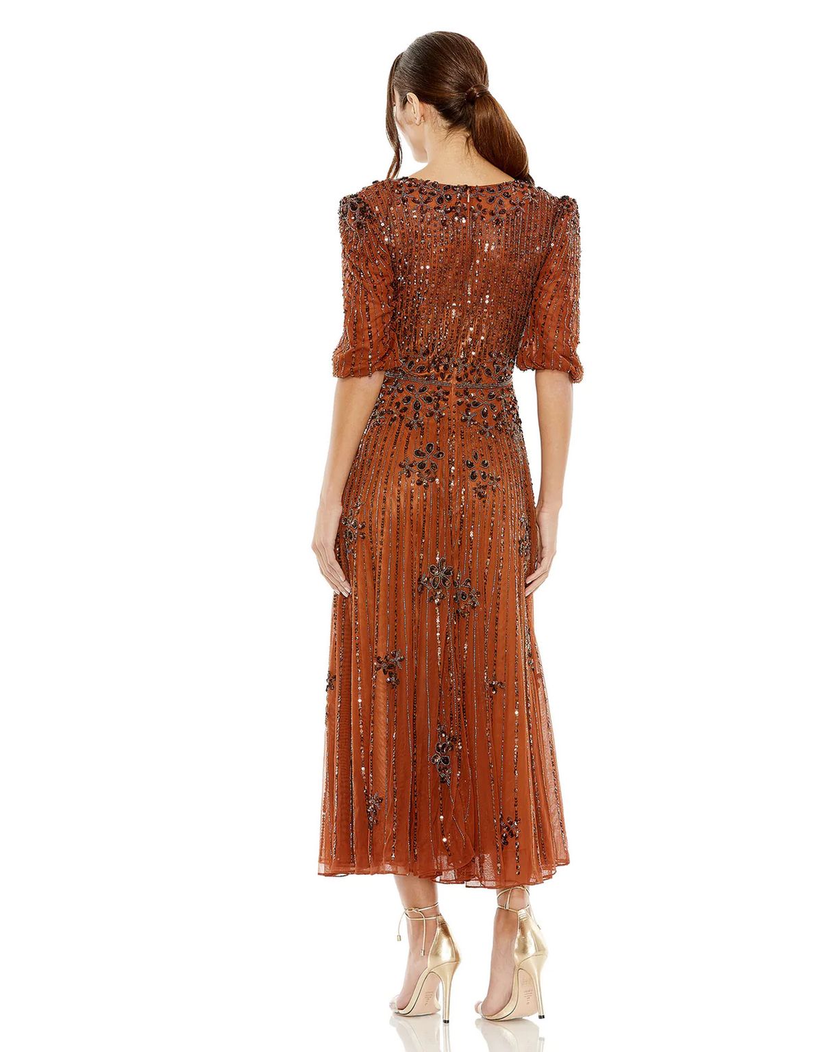 Cinnamon Mac Duggal 5995 Puff Quarter Length Sleeve V Neck Midi Dress ...