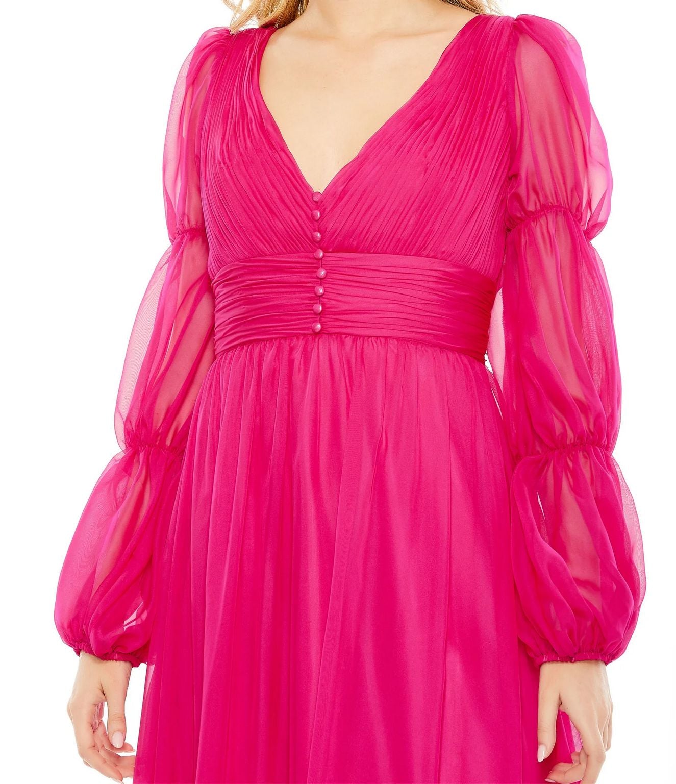 Hot Pink Mac Duggal 68254 Long Chiffon Ruched Tiered Puff Sleeve A Line Dress for $249.0 – The ...