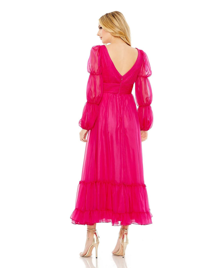 Hot Pink Mac Duggal 68254 Long Chiffon Ruched Tiered Puff Sleeve A Line Dress for $249.0 – The ...