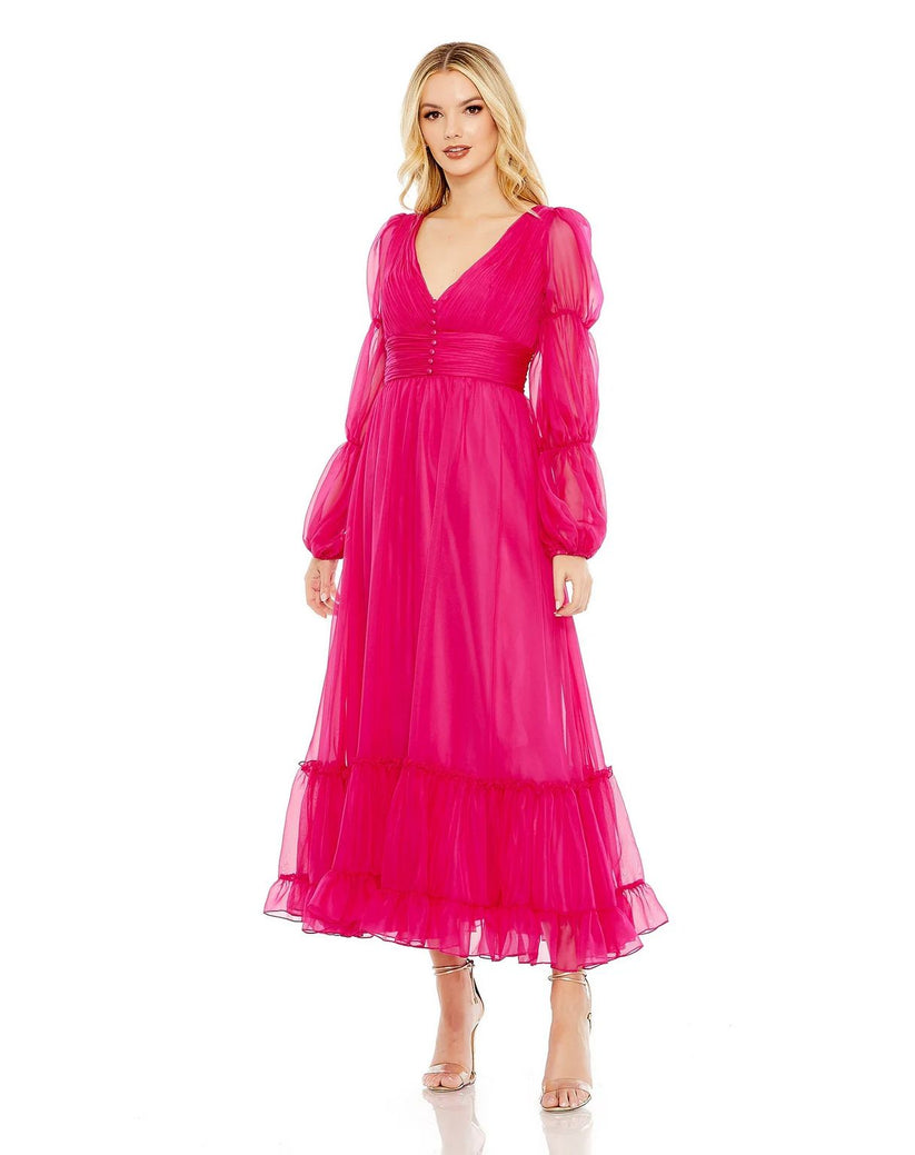 Hot Pink Mac Duggal 68254 Long Chiffon Ruched Tiered Puff Sleeve A Line Dress for $249.0 – The ...