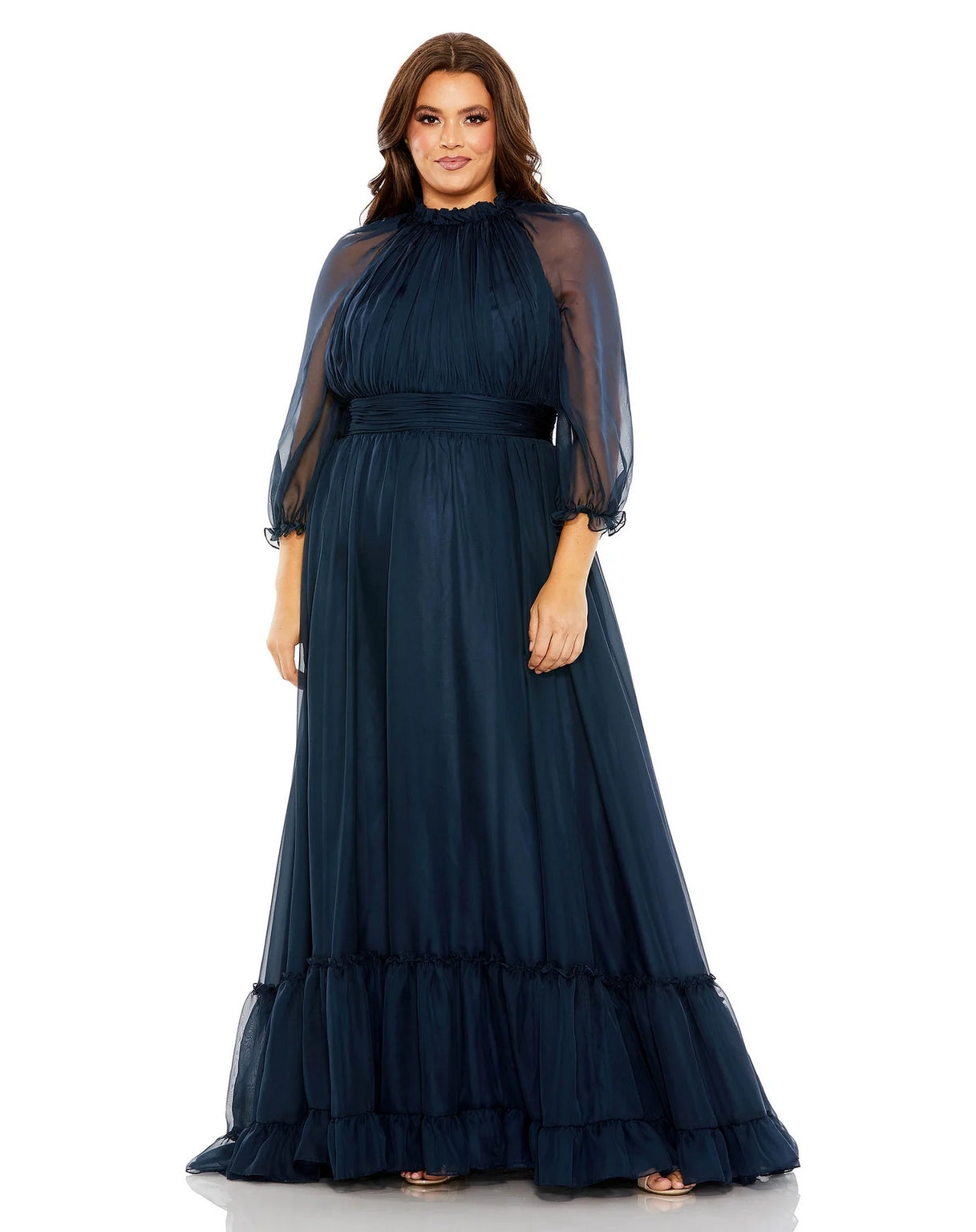 Midnight Mac Duggal 68426 Plus Size Puff Sleeve Tiered A Line Long ...