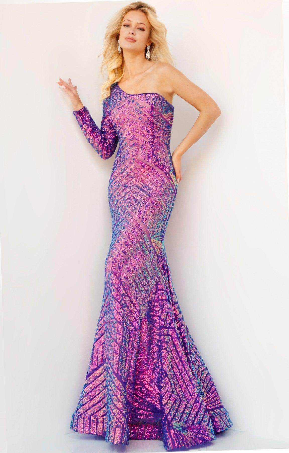 Iridescent Violet Jovani 24098 Long One Shoulder Mermaid Prom Gown for ...
