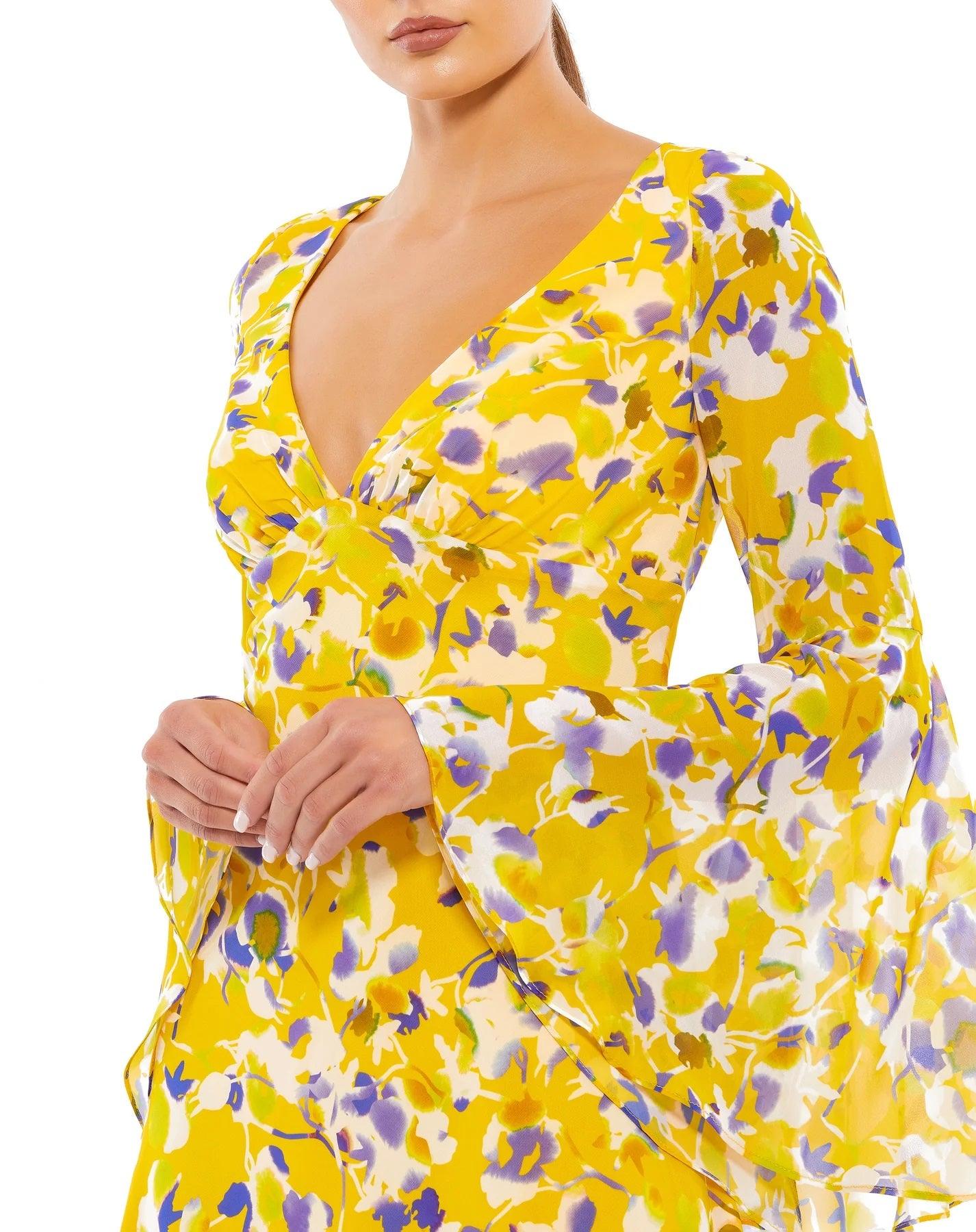 Yellow Multi Mac Duggal 70207 Long Sleeve Floral Cocktail Dress for ...
