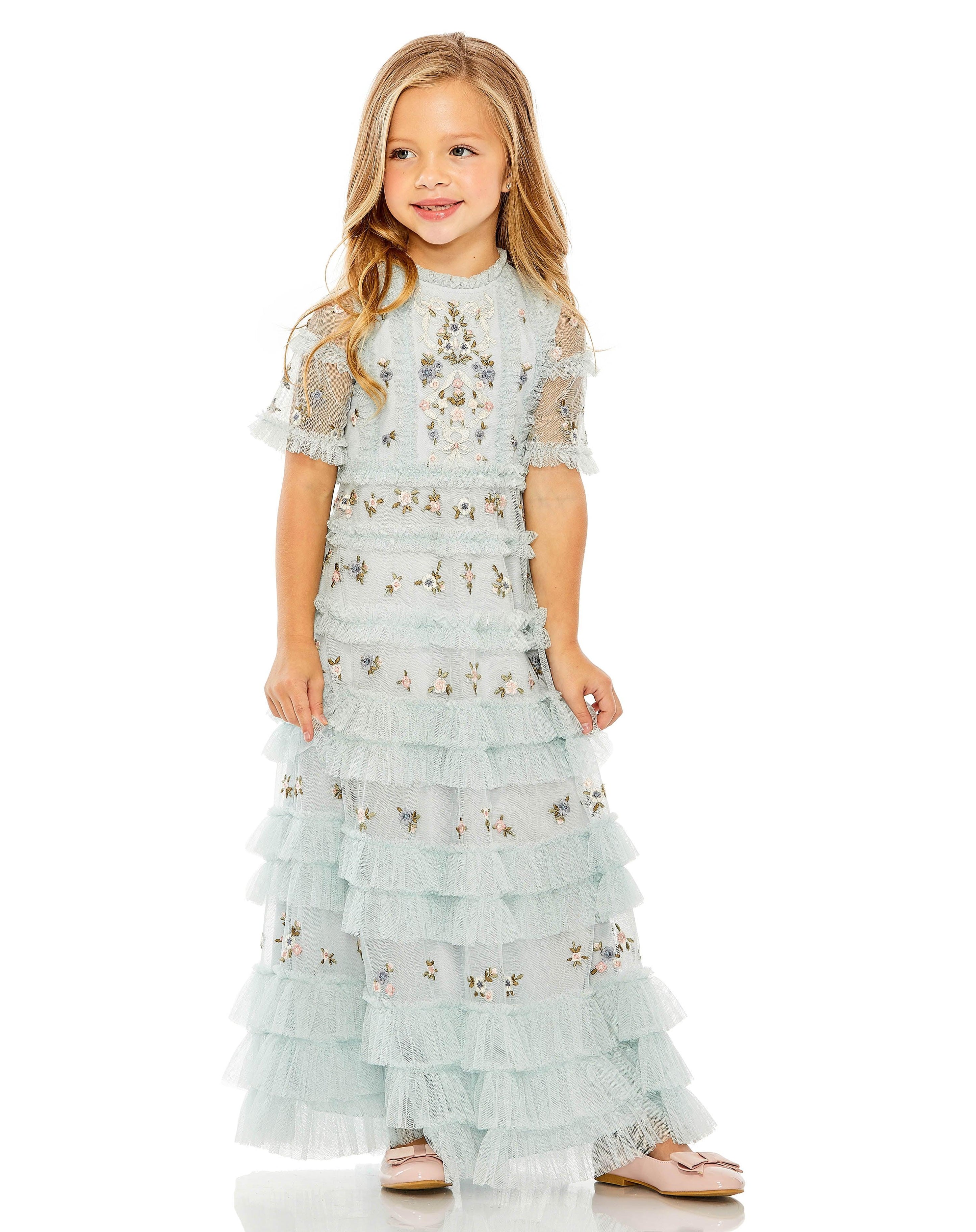 Rose Multi Mac Duggal 8065 Short Sleeve Little Girls Long Dress for $398.0 – The Dress Outlet