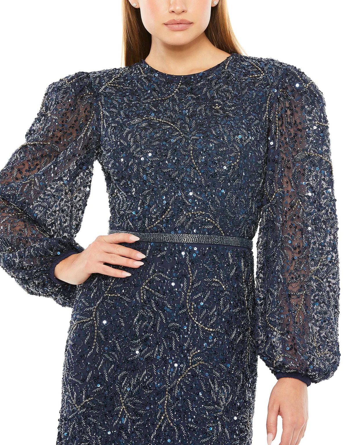 Midnight Mac Duggal 93902 Sheer Long Sleeve Beaded Dress for $798.0 ...