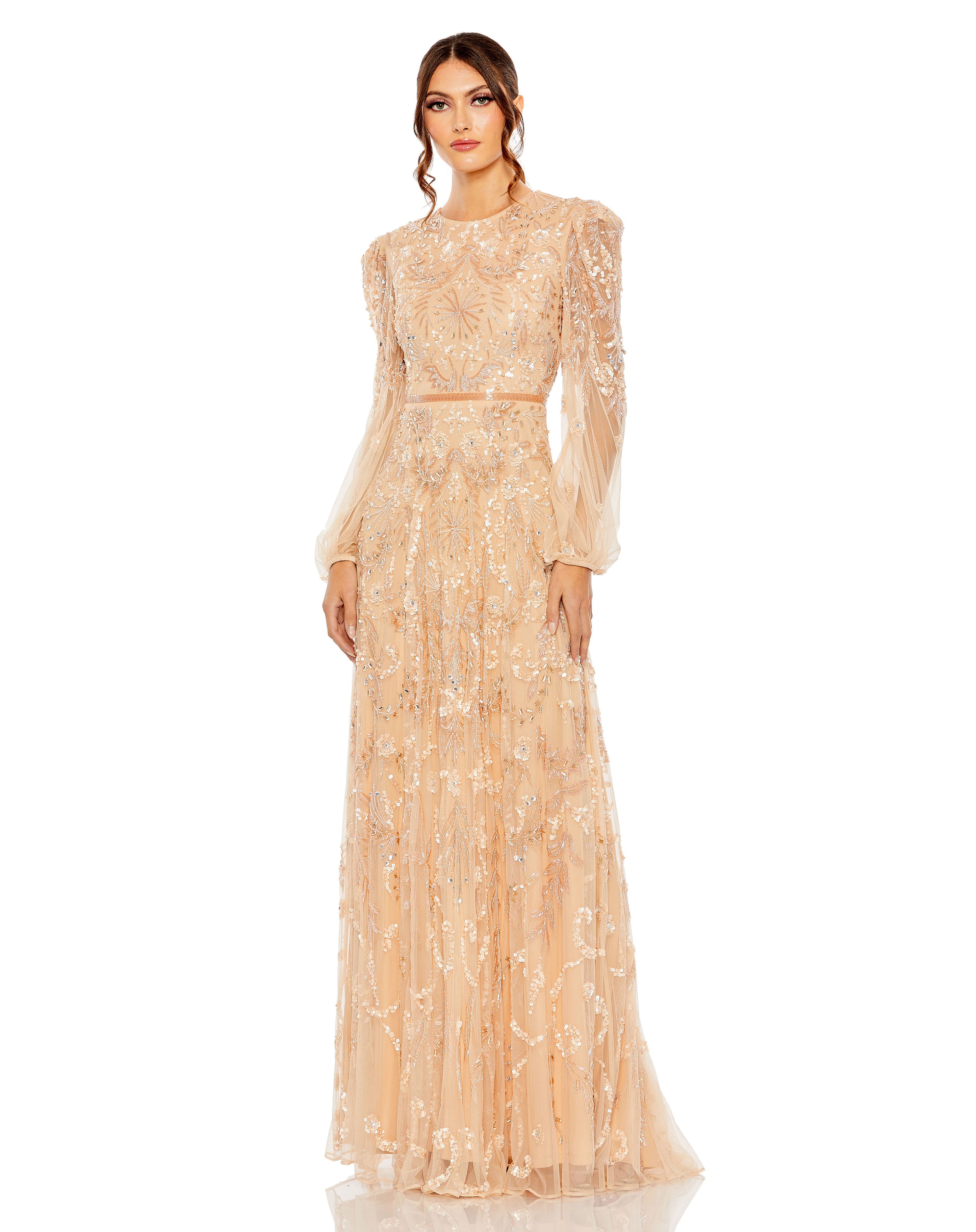 Champagne Mac Duggal 93930 Beaded Long Sleeve Fitted Formal Evening ...