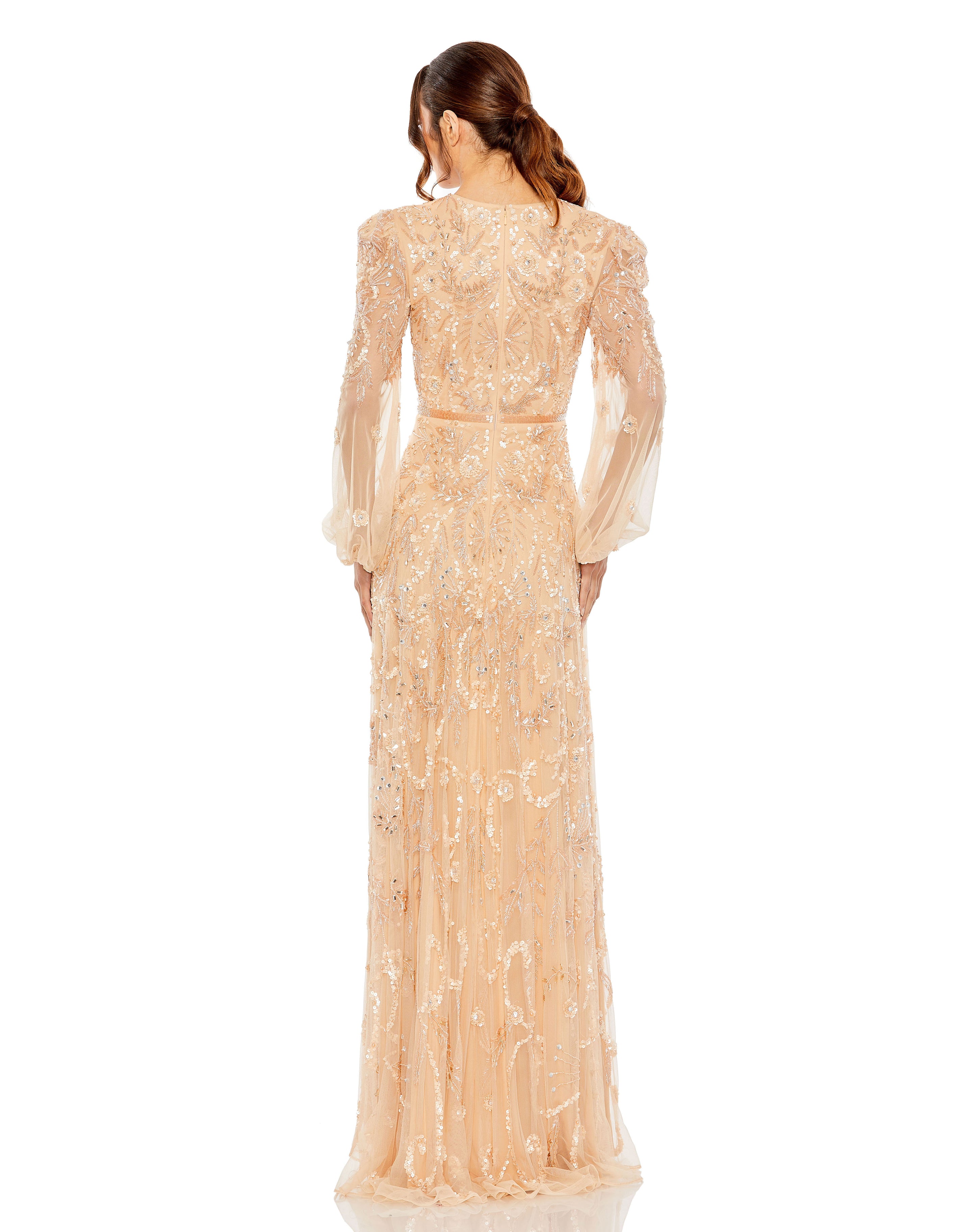 Champagne Mac Duggal 93930 Beaded Long Sleeve Fitted Formal Evening ...