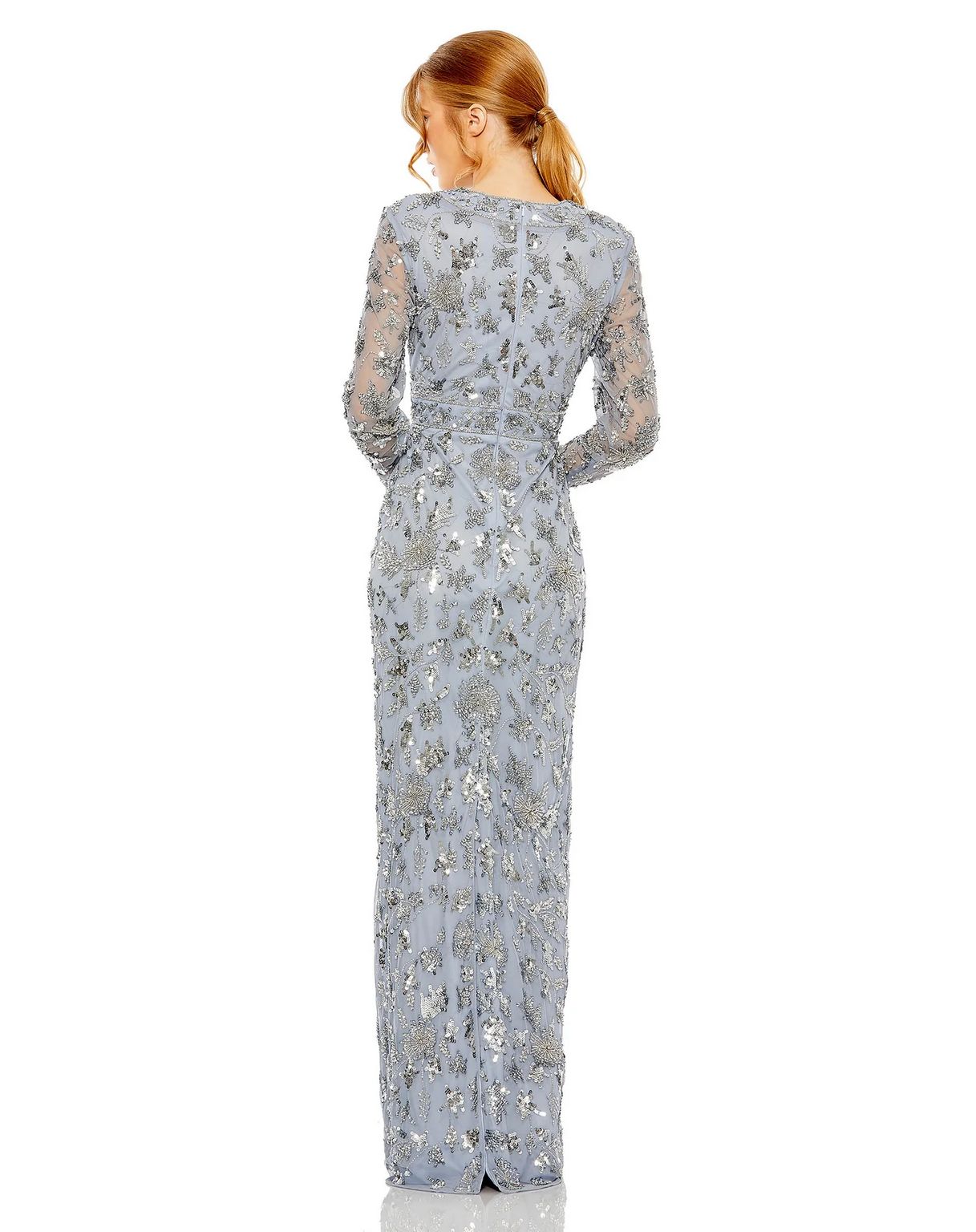 Slate Blue Mac Duggal 93939 High Neck Long Sleeve Embellished Column ...