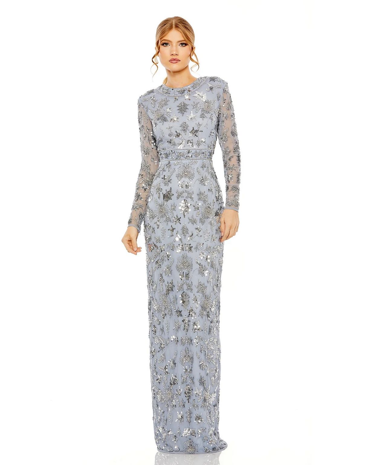 Slate Blue Mac Duggal 93939 High Neck Long Sleeve Embellished Column ...