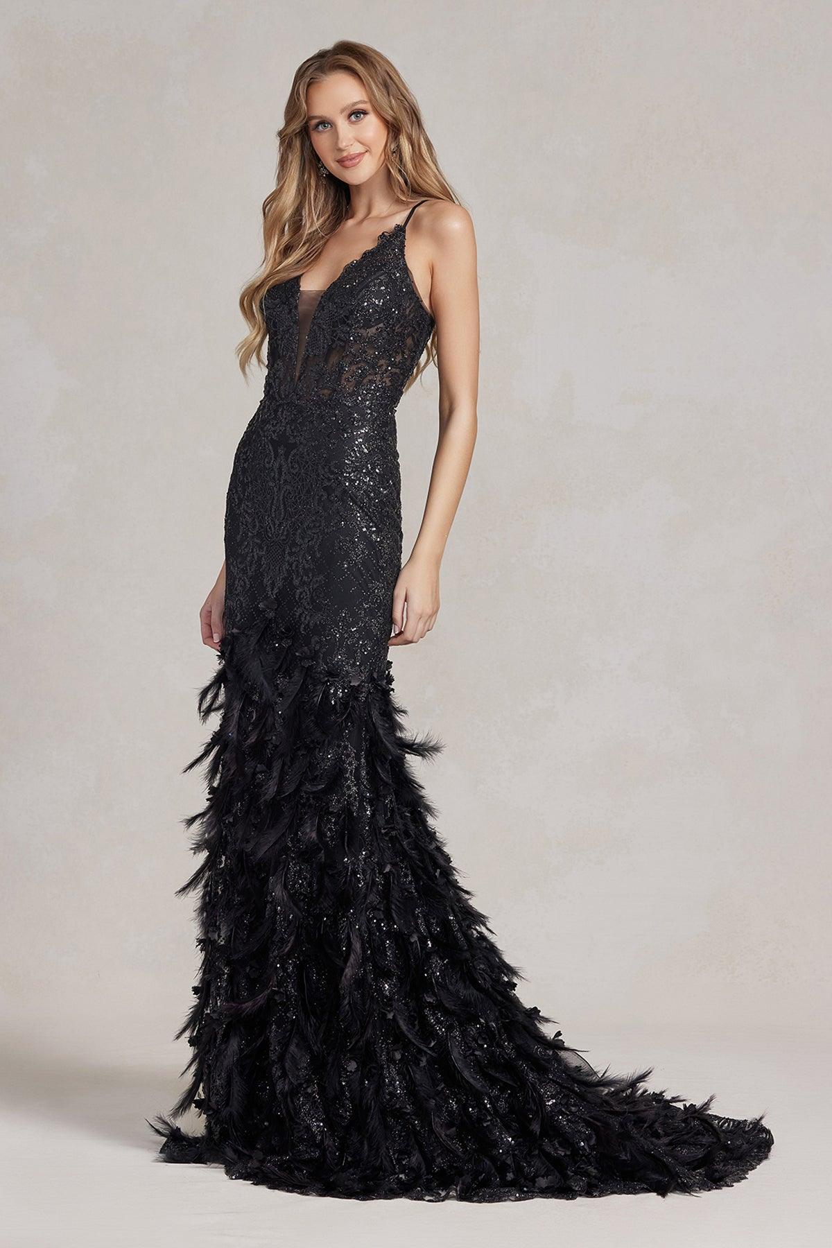 Nox Anabel C1111 Long Formal Feather Prom Dress | The Dress Outlet