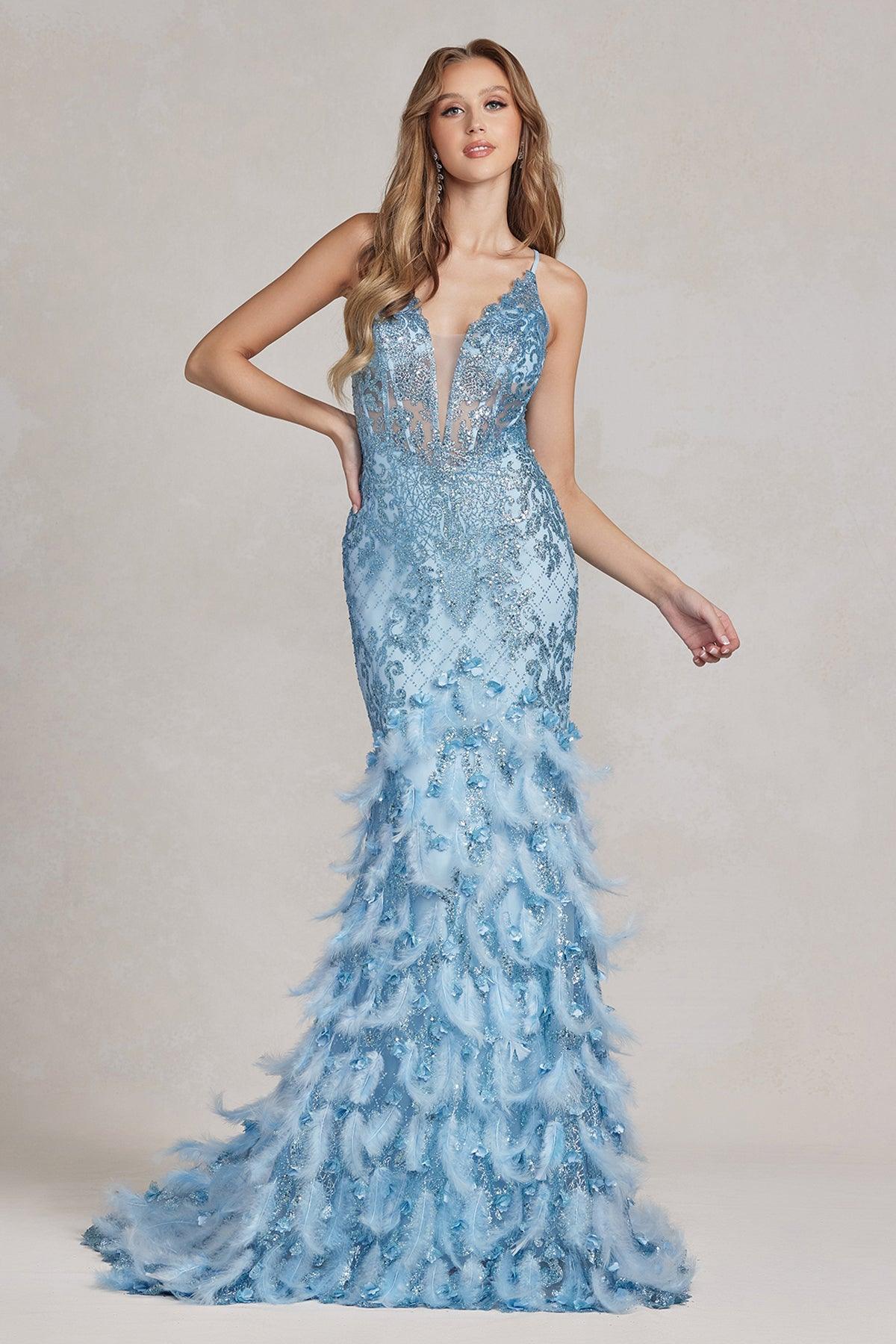 Light Blue Nox Anabel C1111 Long Formal Feather Prom Dress - Prom ...