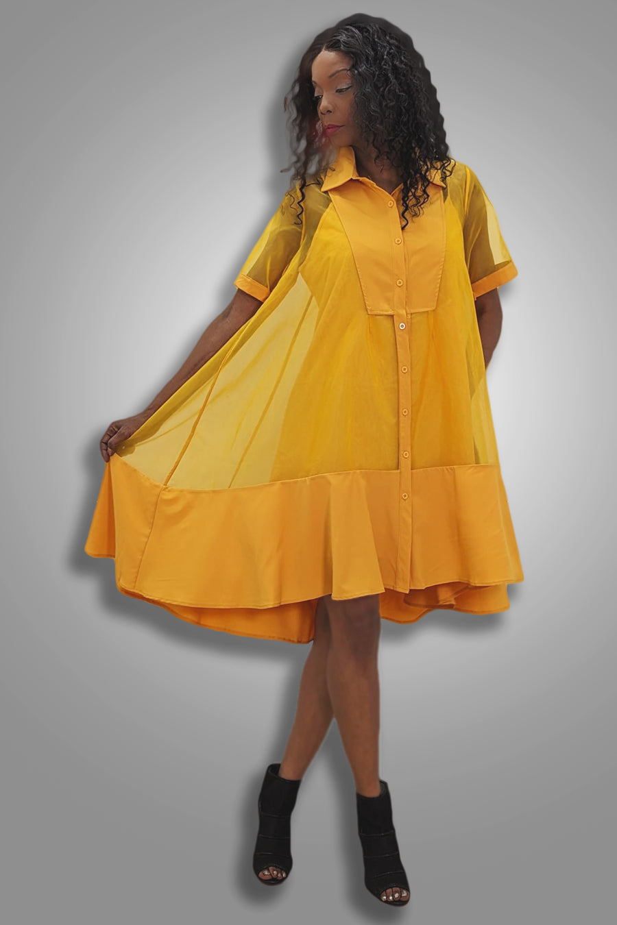 Mustard Short Sleeve High Low Button Down Chiffon Dress for $129.99 ...