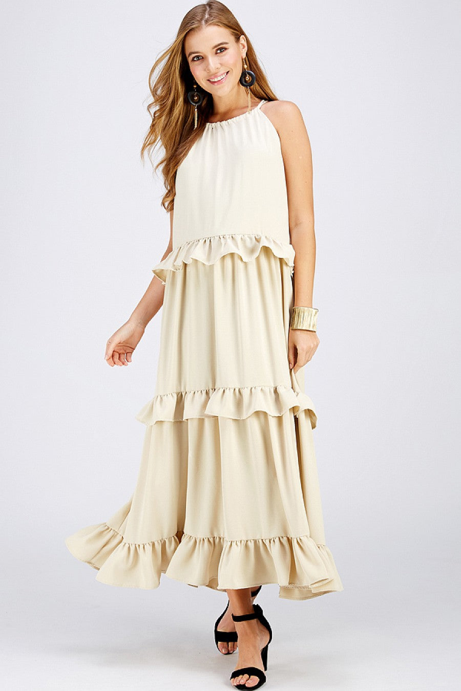 Light Taupe Long Halter Neck Ruffled Maxi Dress for $59.99 – The Dress ...
