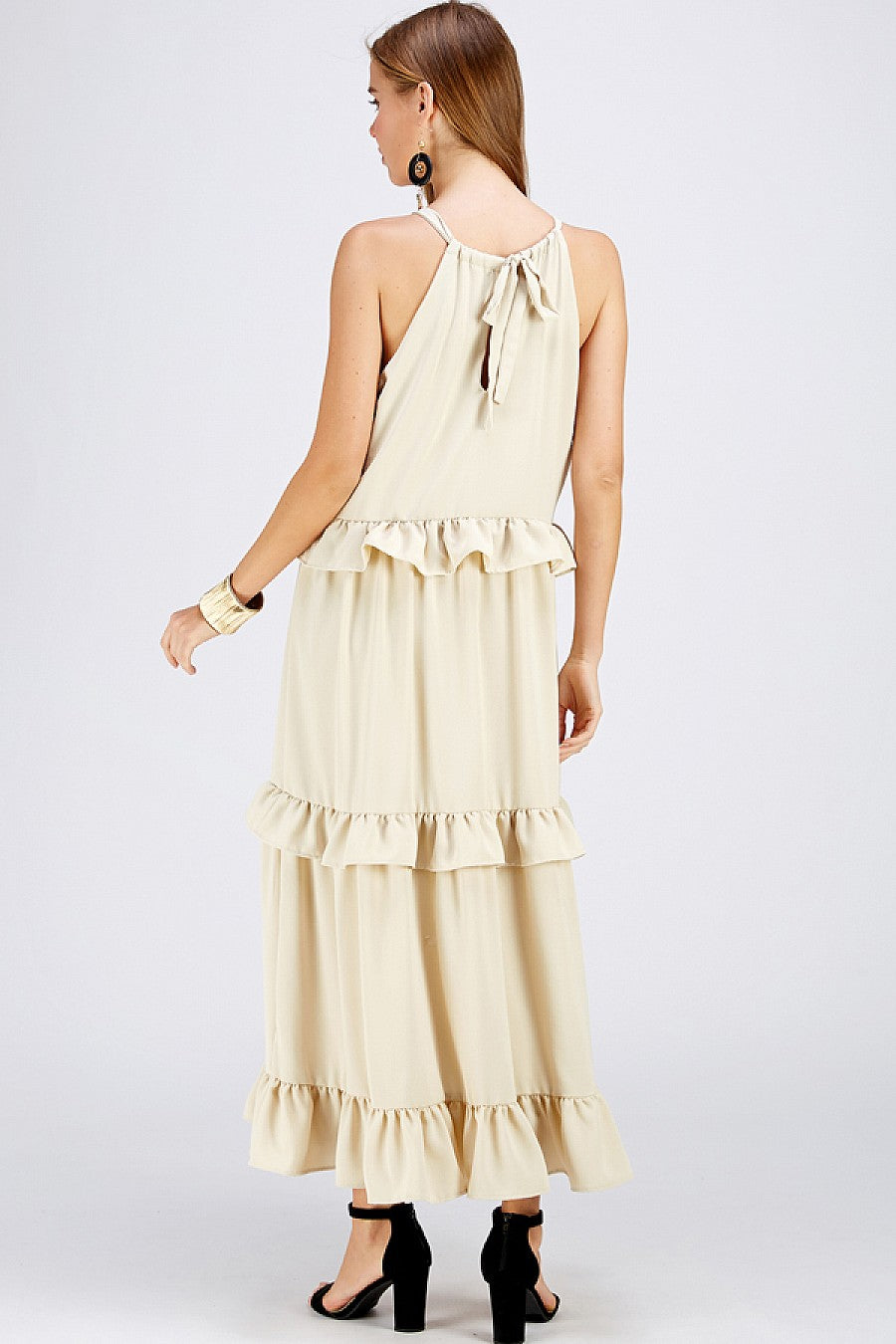 Light Taupe Long Halter Neck Ruffled Maxi Dress for $59.99 – The Dress ...