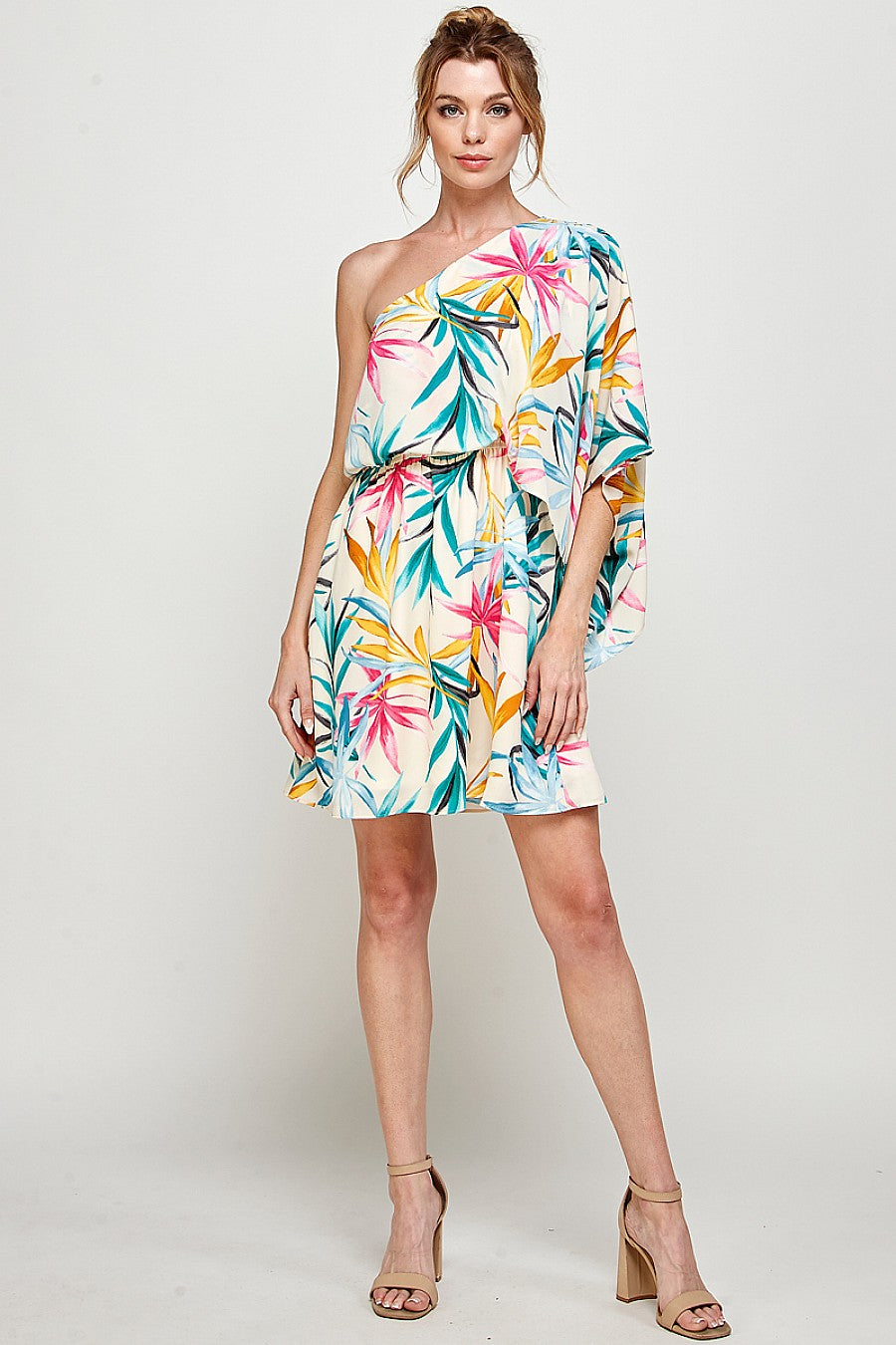 Short One Shoulder Tropical Print Dress – The Dress Outlet