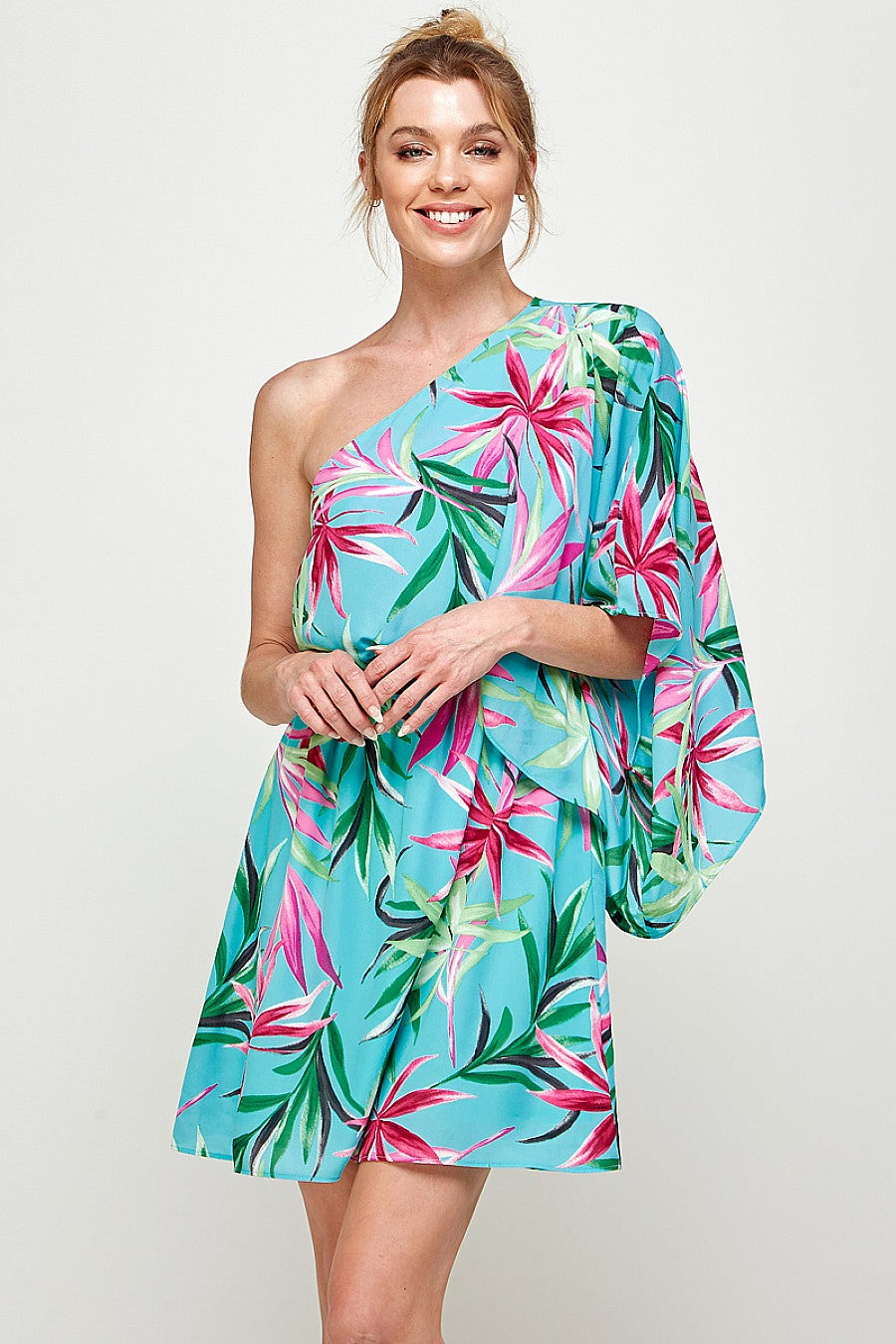 Short One Shoulder Tropical Print Dress – The Dress Outlet