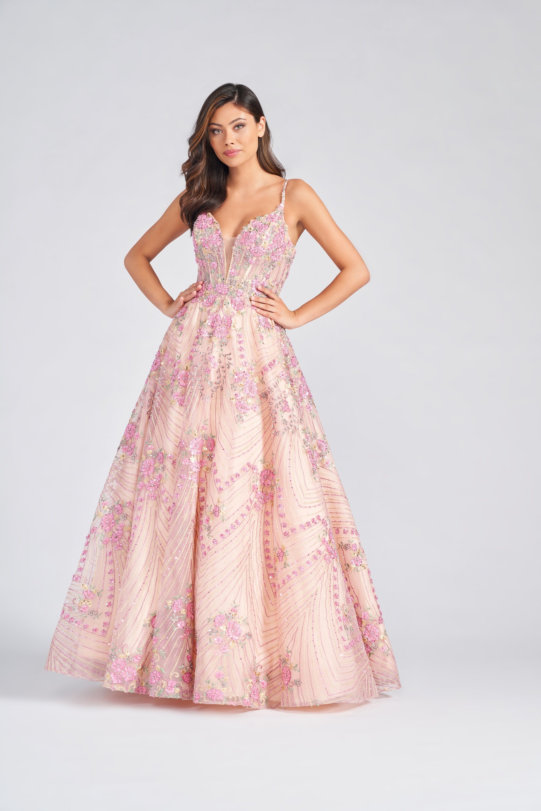 Champagne Multi Colette CL12279 Long Formal Beaded Floral Prom Dress ...