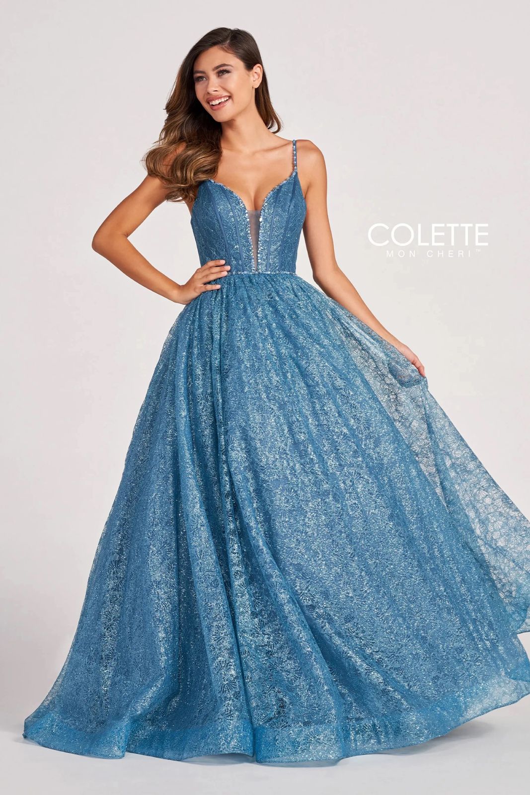 Dusty Blue Colette CL2018 Prom Long Glitter Formal Ball Gown for $609. ...