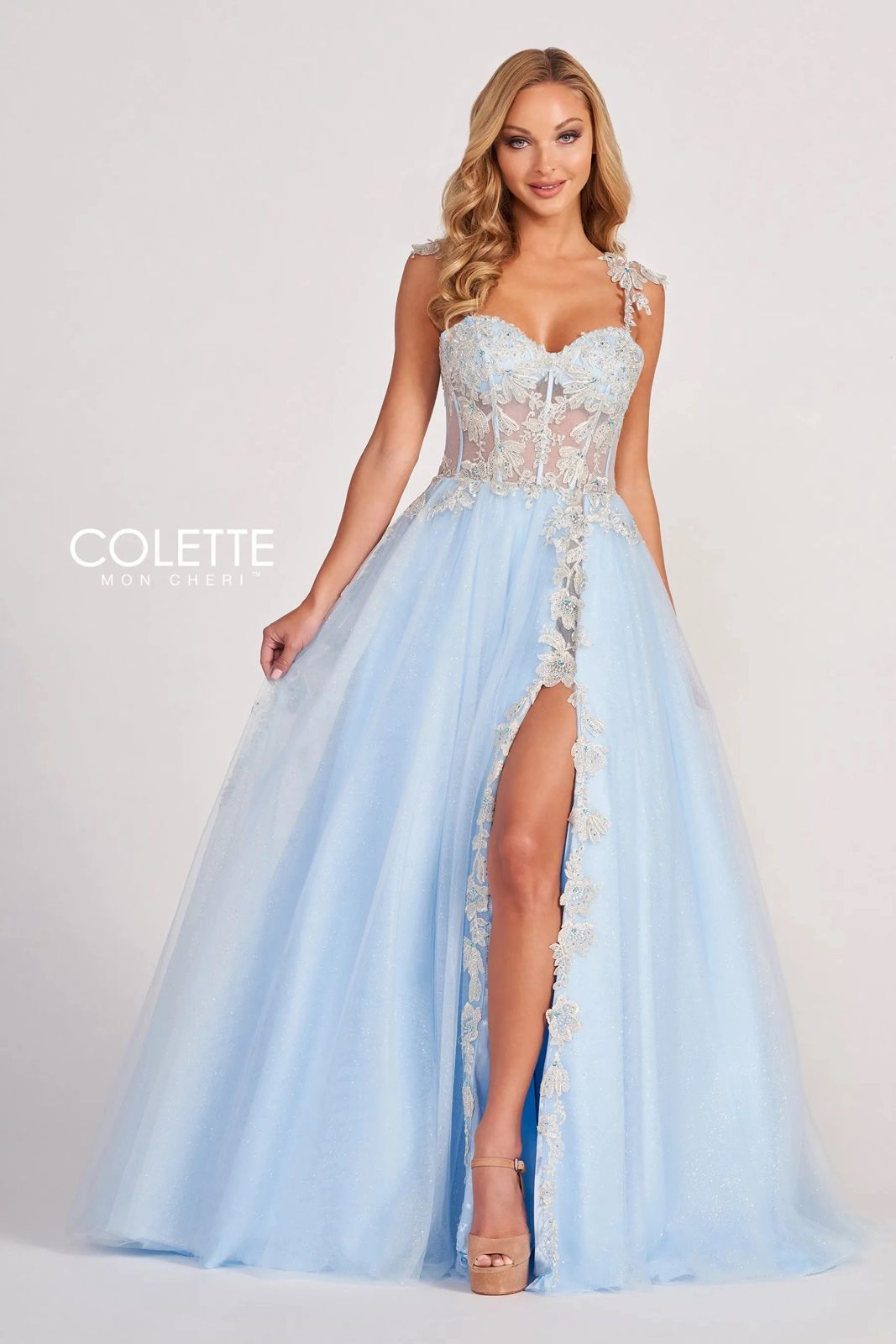 Turquoise/Silver Colette CL2020 Glitter Prom Applique Long Formal Ball ...