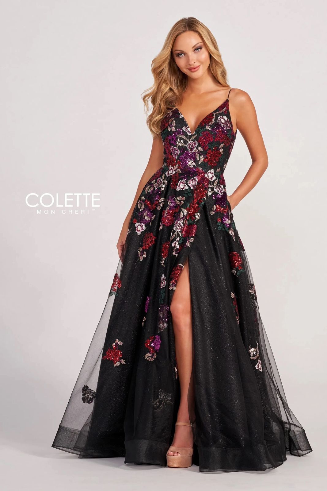 Black/Multi Colette CL2069 Long Formal Floral Beaded Applique Prom ...