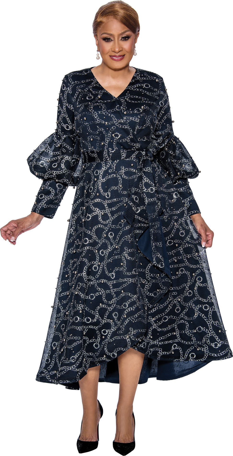 Navy/Silver Divine Apparel DCC5231 High Long Long Sleeve Formal Dress ...