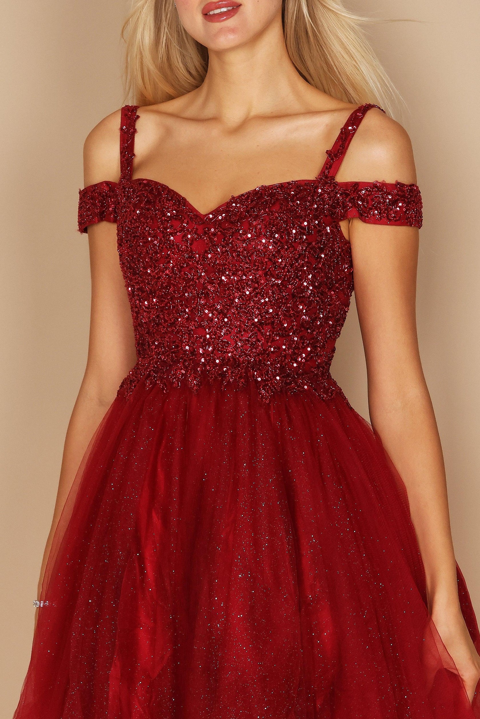 Burgundy Dylan & Davids Short Sparkle Off Shoulder Prom Dress for $35.0 ...