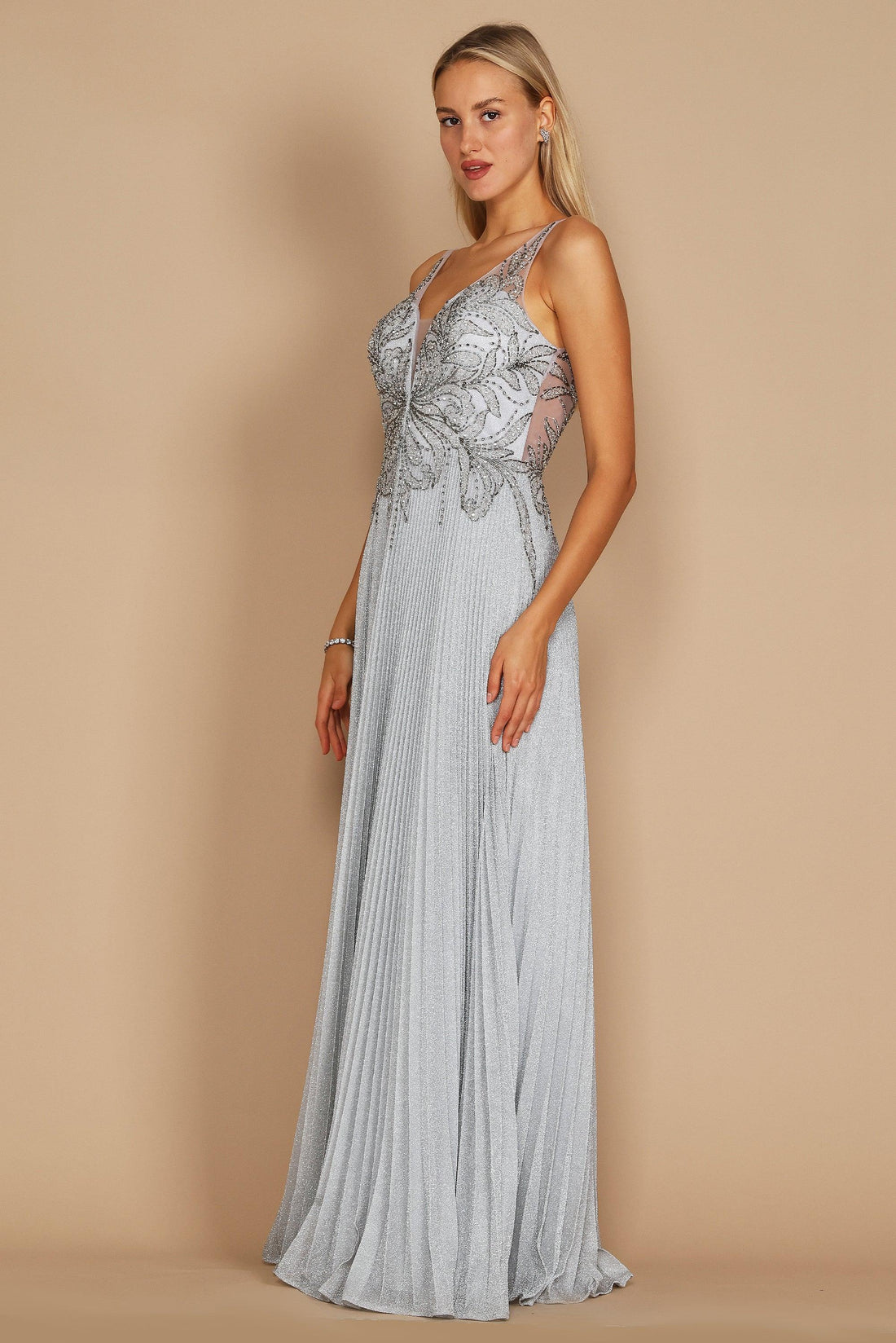 Silver Long Formal Pleaded Evening Dress for $89.99 – The Dress Outlet