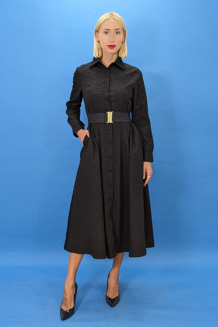 Black Long Sleeve Button Down Wrap Belt Popcorn Midi Dress for $139.99 ...