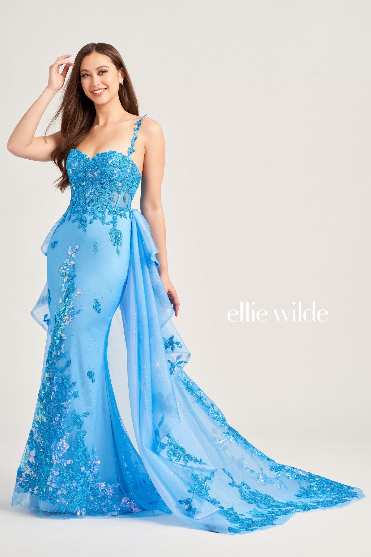 Ocean Blue Ellie Wilde EW35207 Long Formal Glitter Overskirt Prom Gown for $599.0 – The Dress Outlet