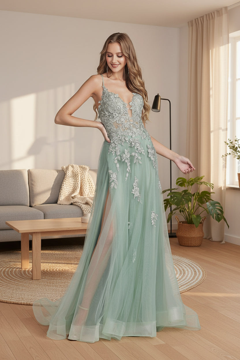 Light Mauve Nox Anabel G1149 Long Spaghetti Strap Sexy Prom Tulle Gown ...