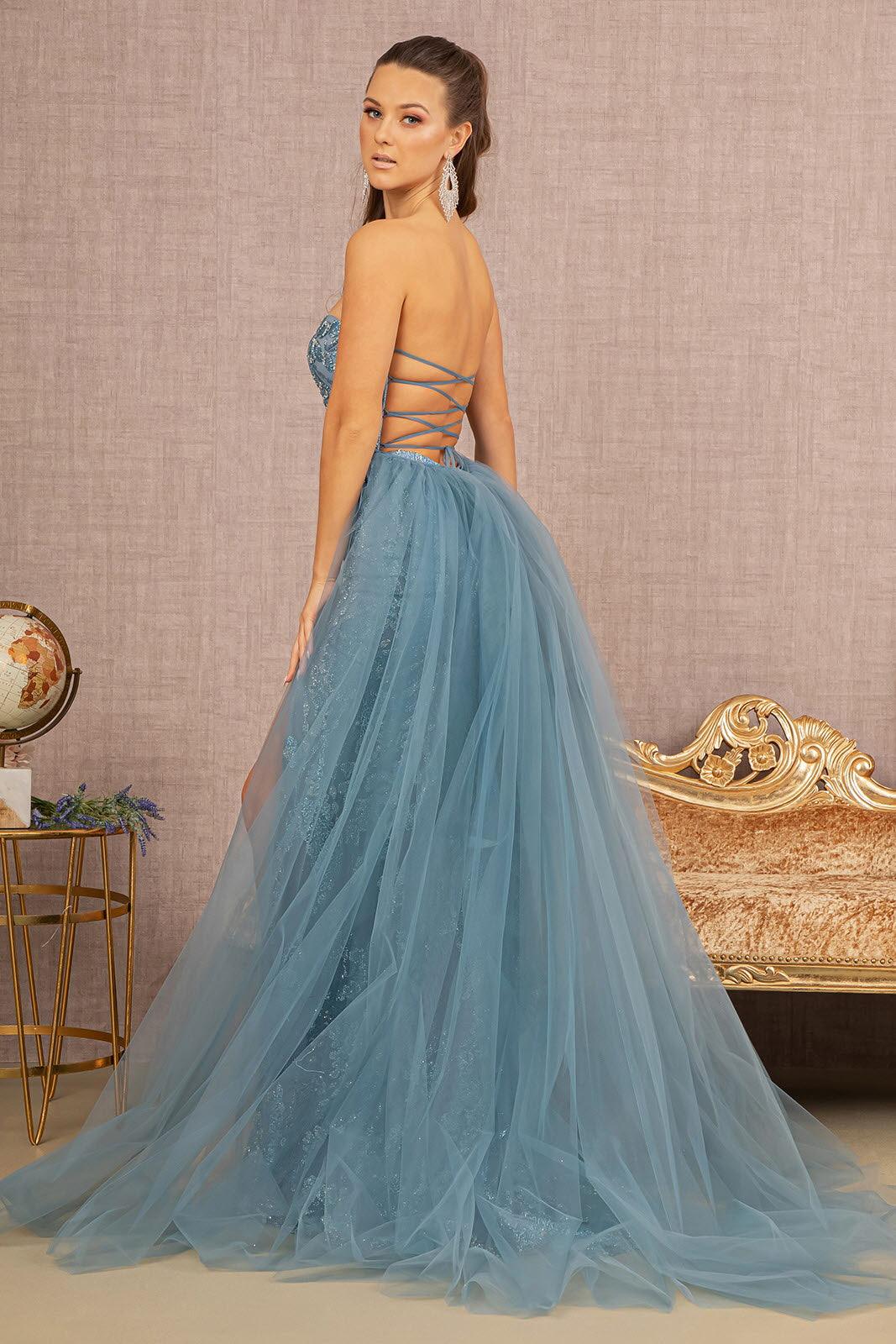 Smoky Blue Prom Long Strapless Glitter Dress for $319.99 – The Dress Outlet